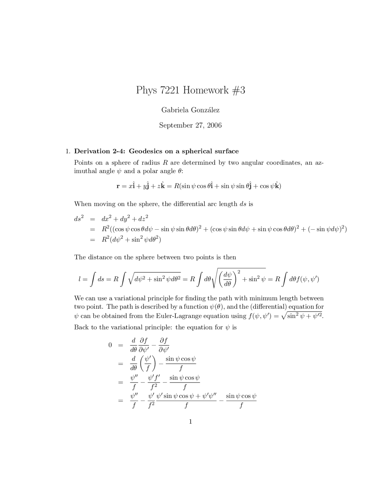 Derivation Geodesics On Spherical Surface Assignment 3 Phys 7221