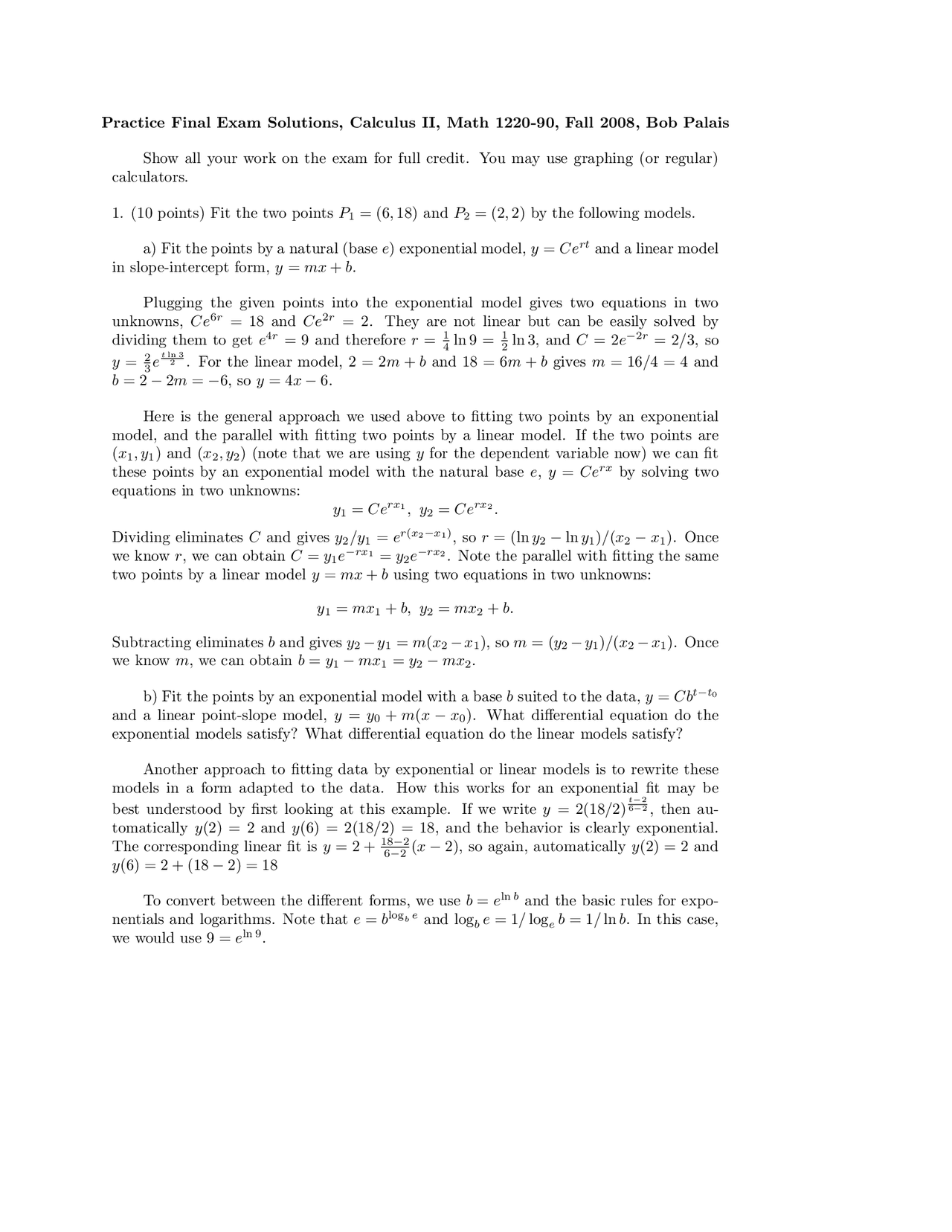 Practice Final Exam Solutions Calculus Ii Math 1220 Docsity