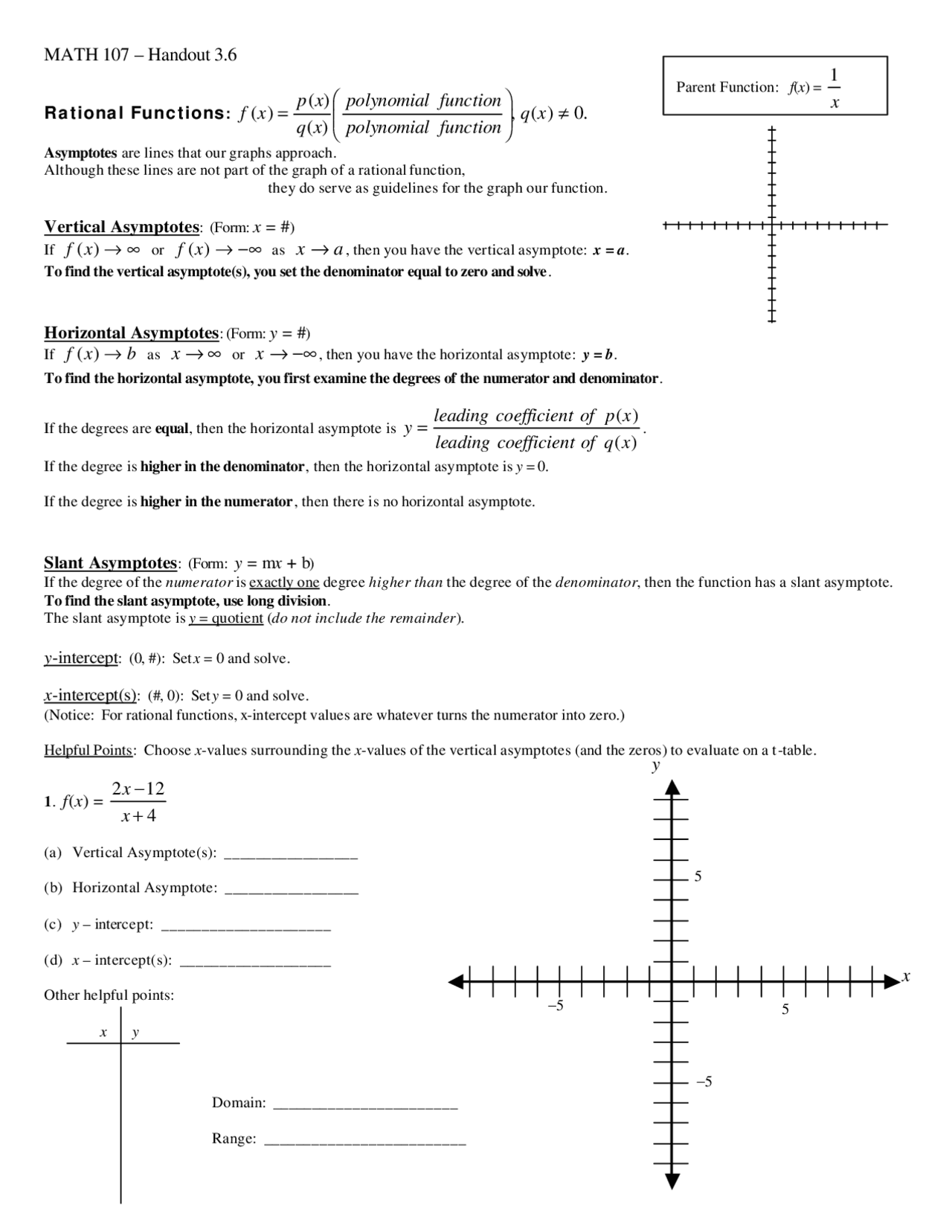 Rational Functions - Precalculus - Lecture Notes | Math 107 - Docsity