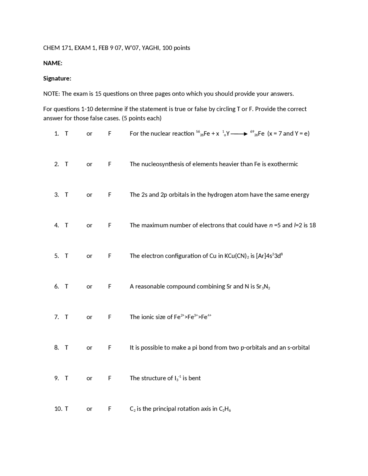Exam 1 With 15 Question Intermediate Inorganic Chemistry Chem 171