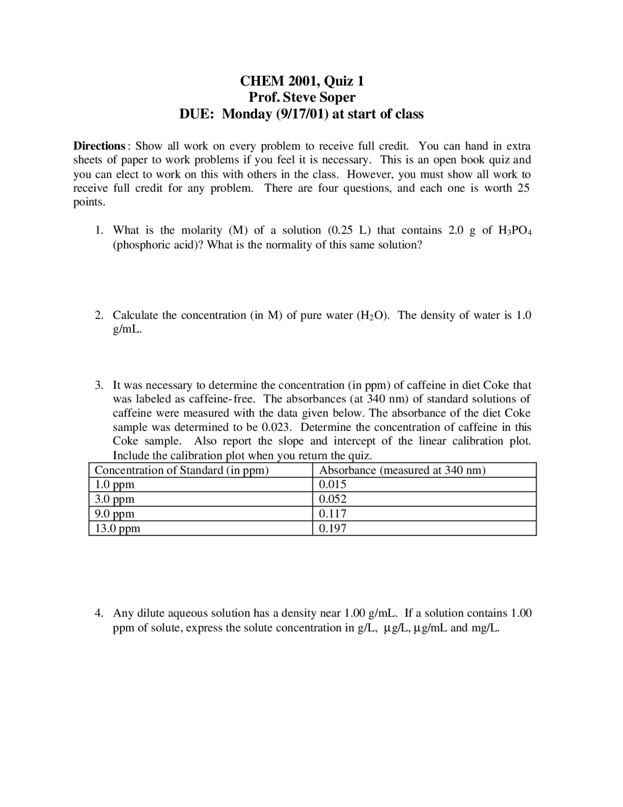 Solutions Quiz 1 Analytical Chemistry Chem 2001 Docsity