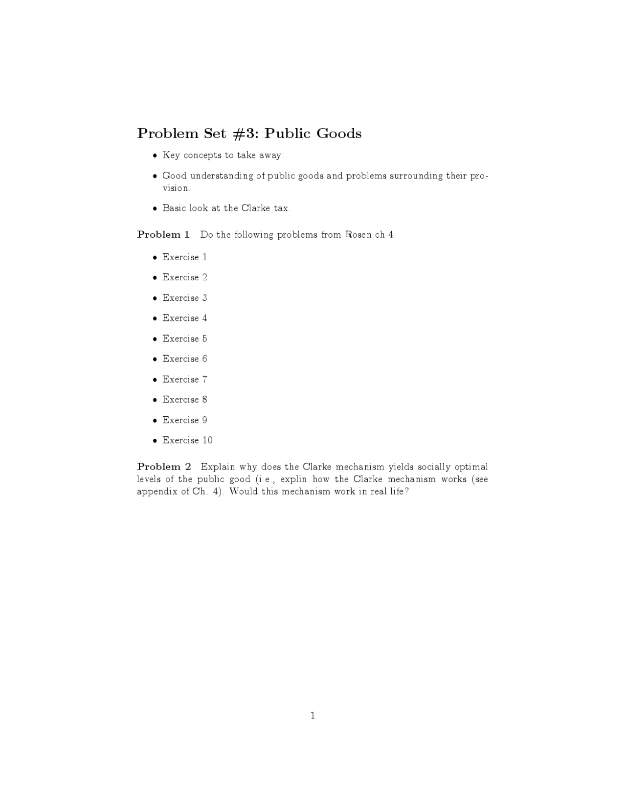 Public Goods: Problem Set 3 - Public Sector Economics | ECON 435 - Docsity