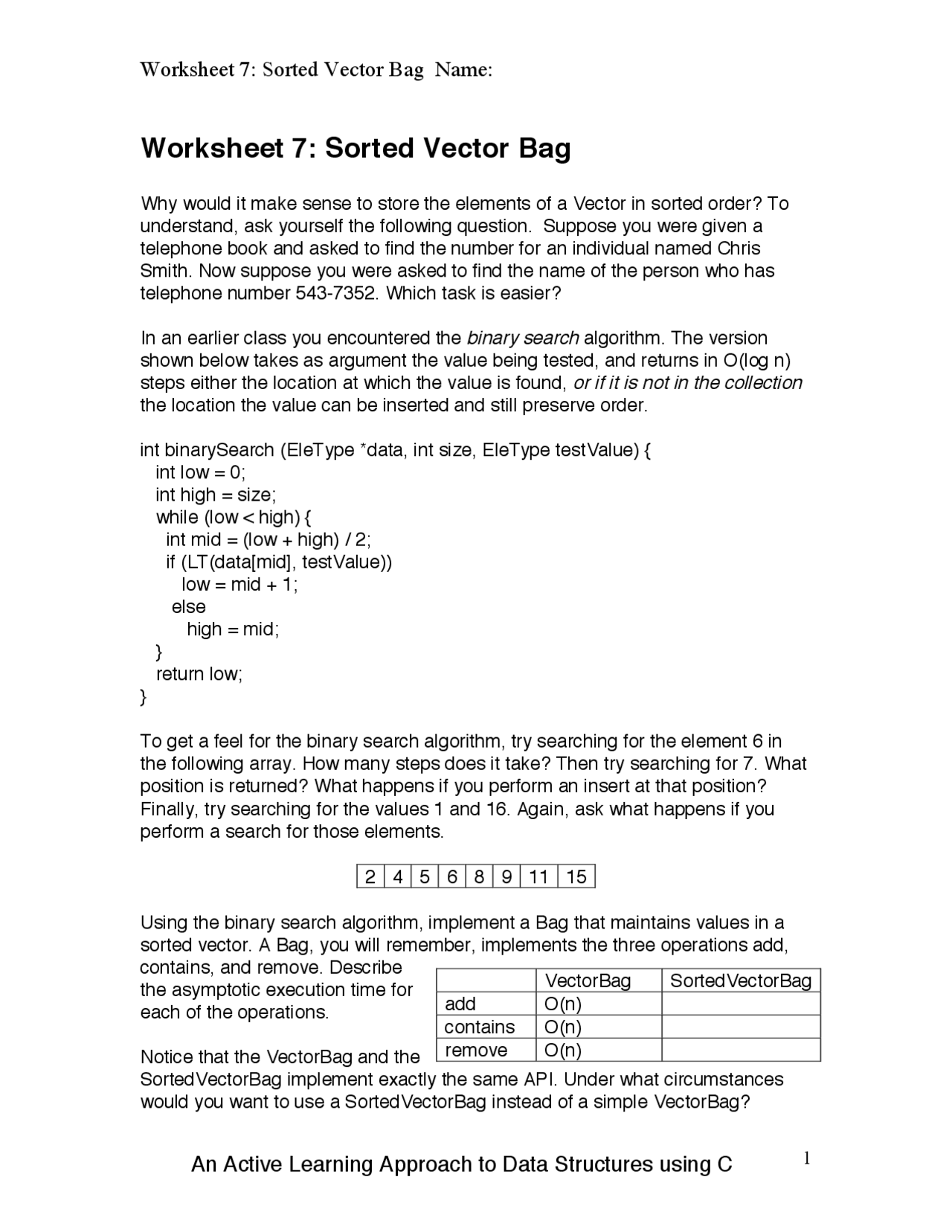Sorted Vector Bag Worksheet 7 Cs 261 Docsity