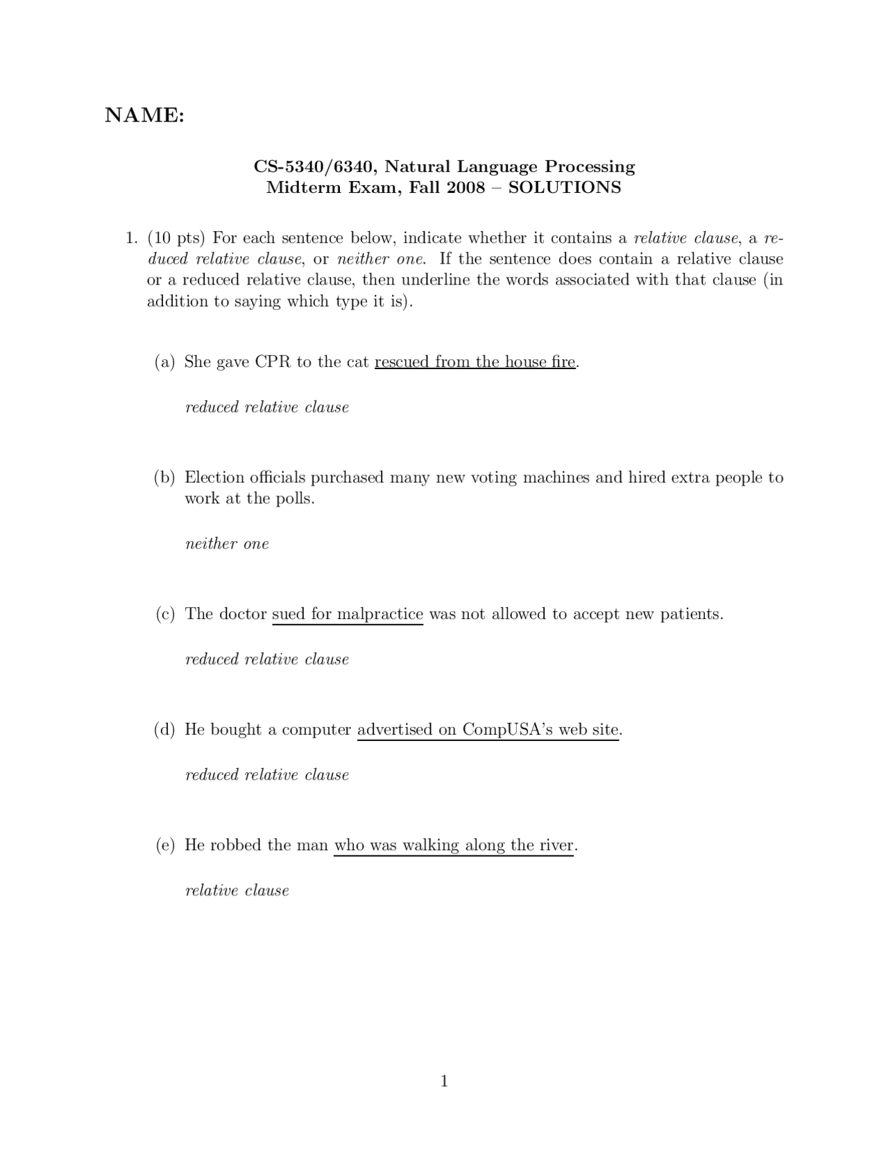 Midterm Exam For Natural Language Cs 5340 Docsity