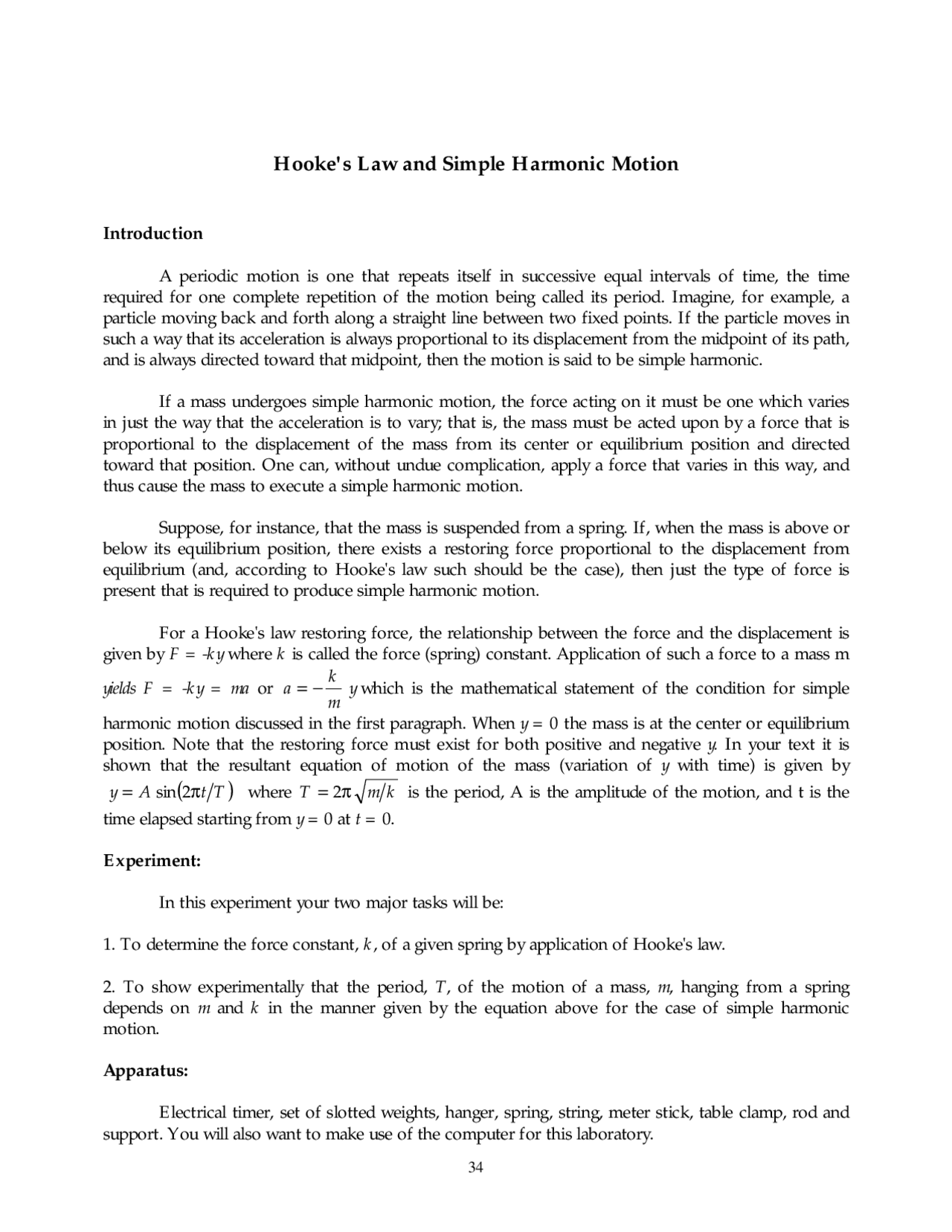 Hooke's Law and Simple Harmonic Motion - Lab | PHY 2048C - Docsity