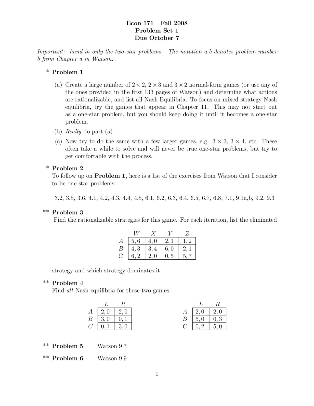 Problem Set 1 for Econ 171 Fall 2008 - Prof. Z. J. Grossman | Assignments Economics | Docsity