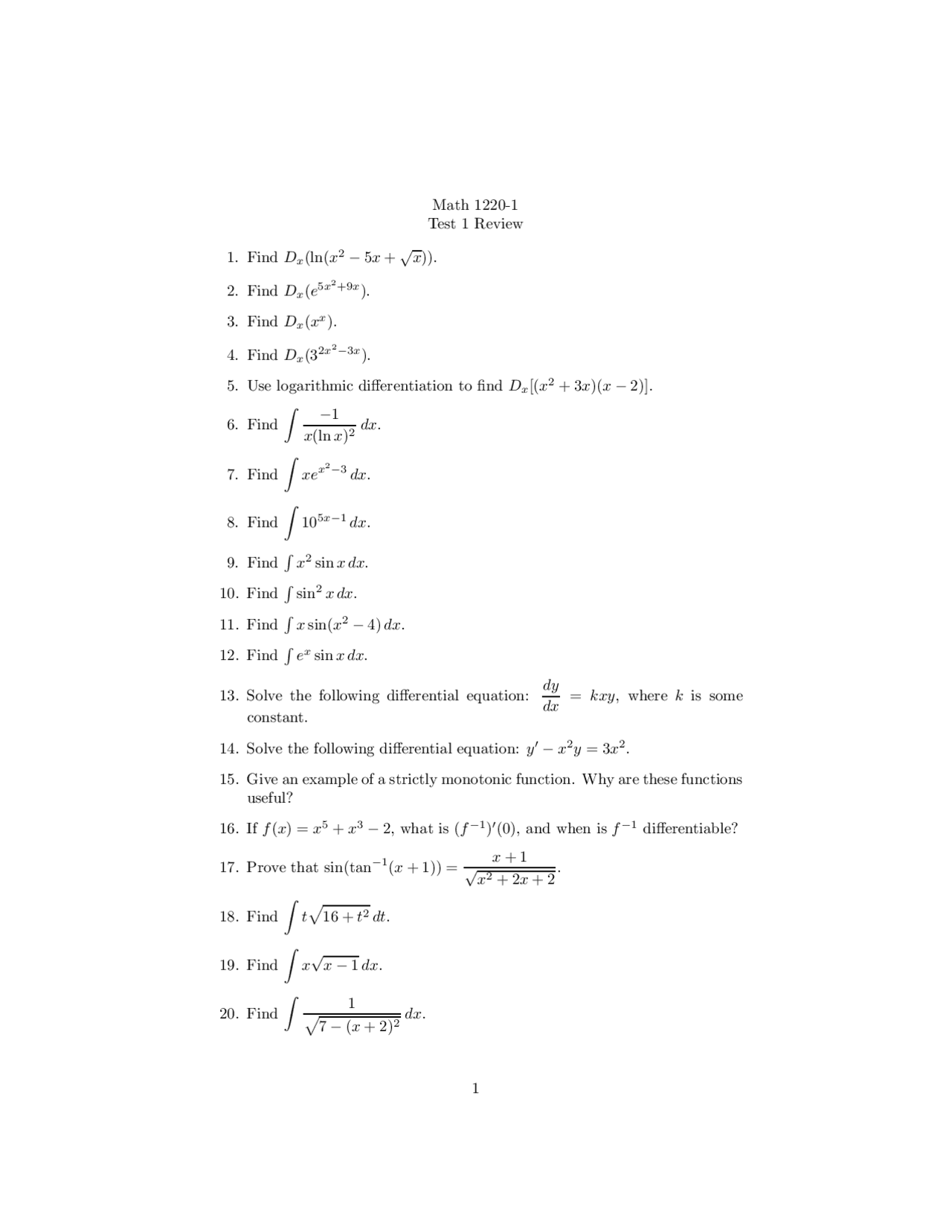 Test 1 Review Sheet For Calculus Ii Math 1220 Docsity