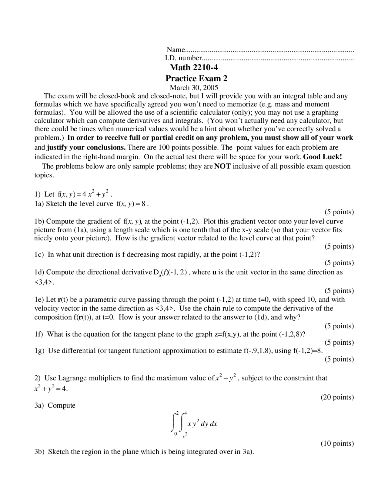 4 Solved Problems On Parametric Functions Exam 2 Math 2210 Docsity