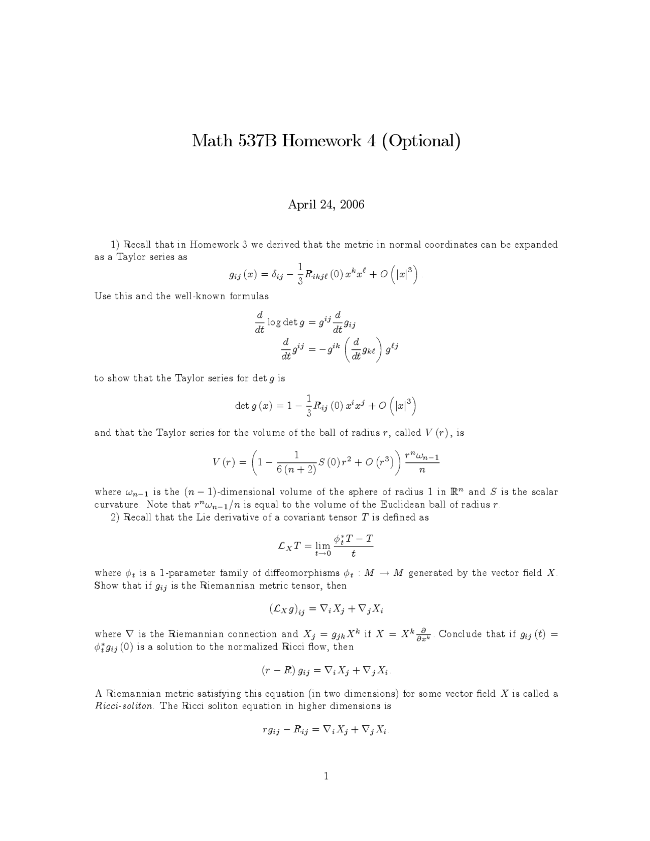 Homework Iv Solved Questions Global Differential Geometry Math 537a