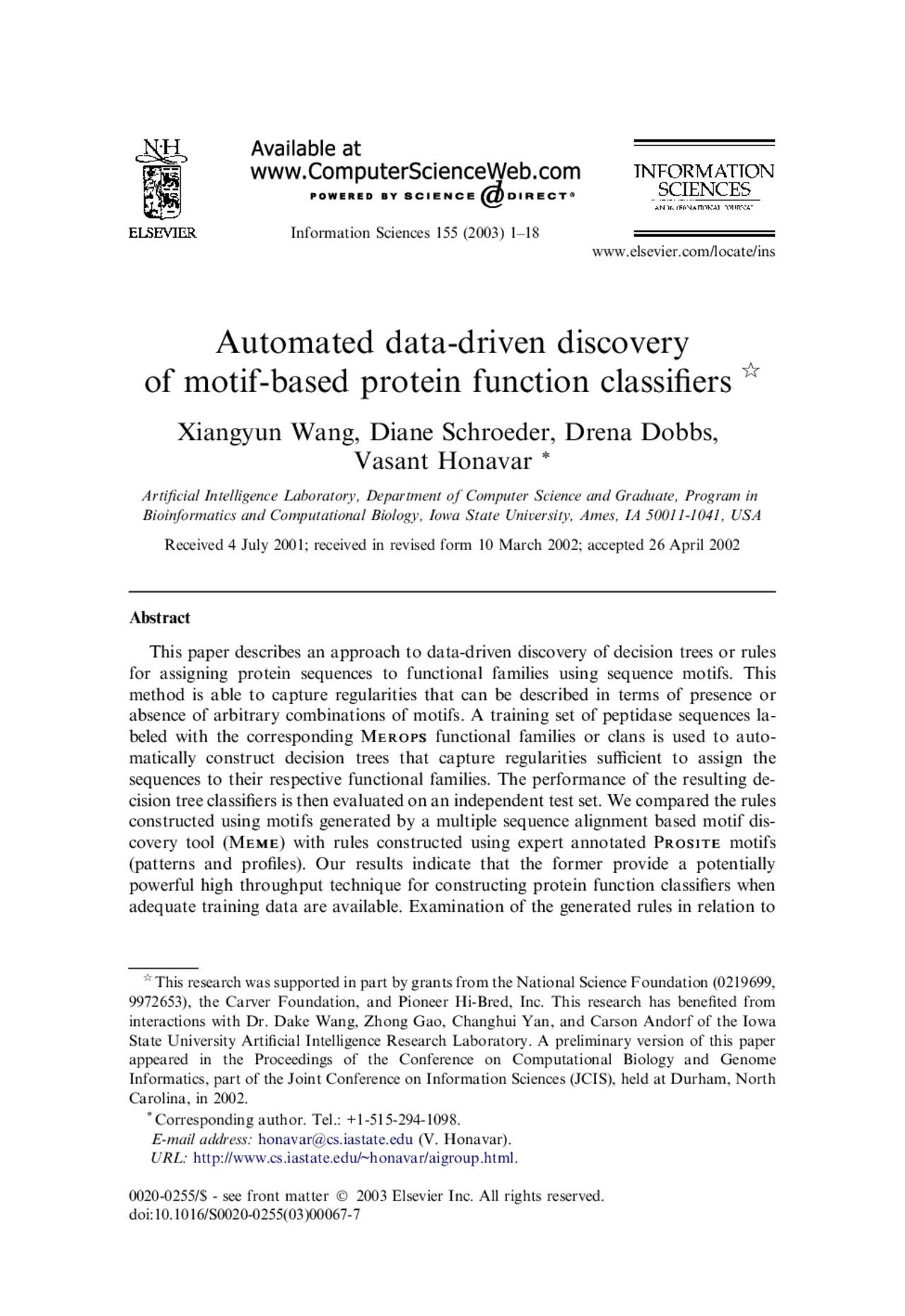 Automated Data Driven Discovery of Motif Based Protein Function Classifiers | CSC 8910 - Docsity