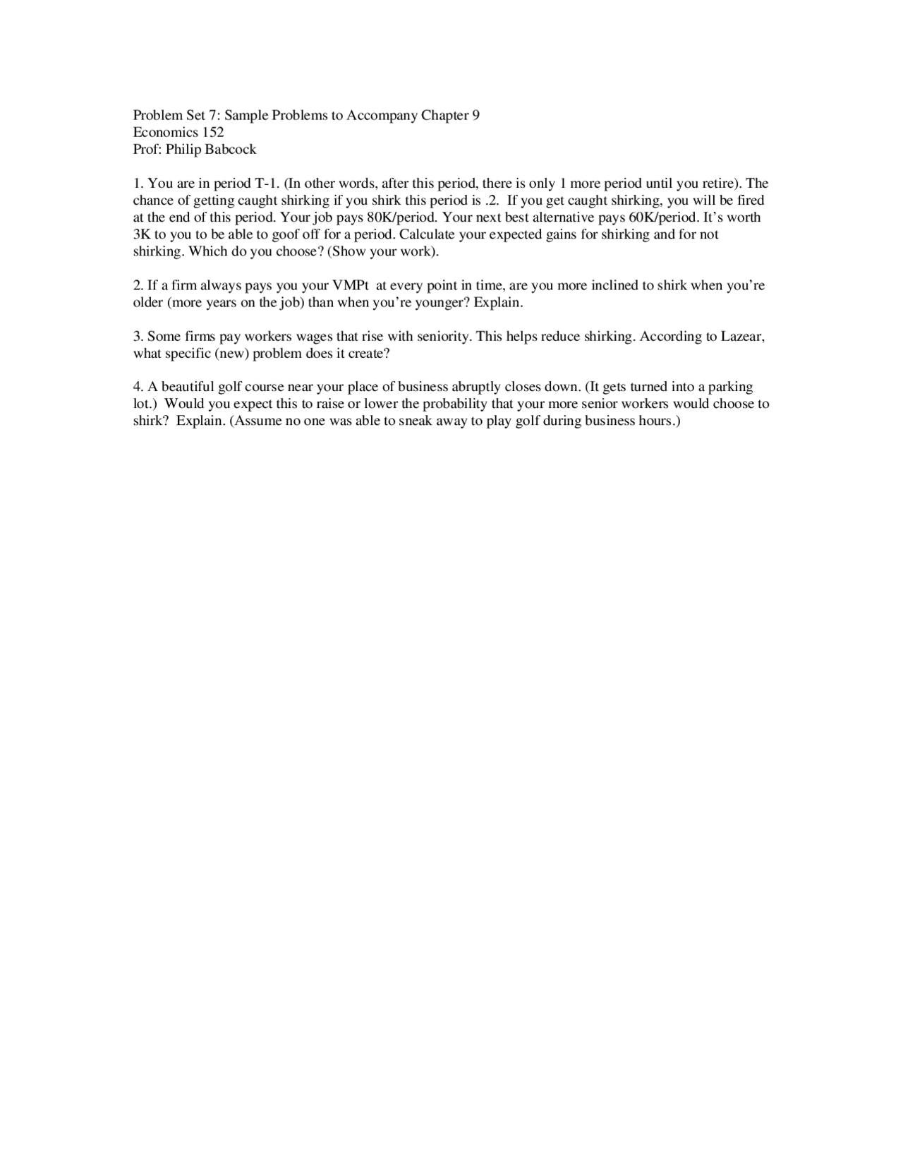 Problem Set 7 Accompany Economics Econ 152 Docsity