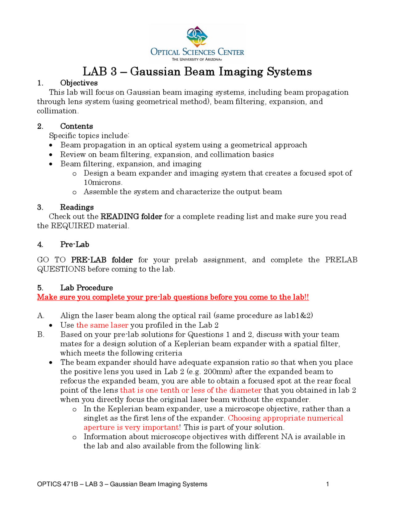 Gaussian Beam Imaging Systems Lab 3 Opti 471a Docsity
