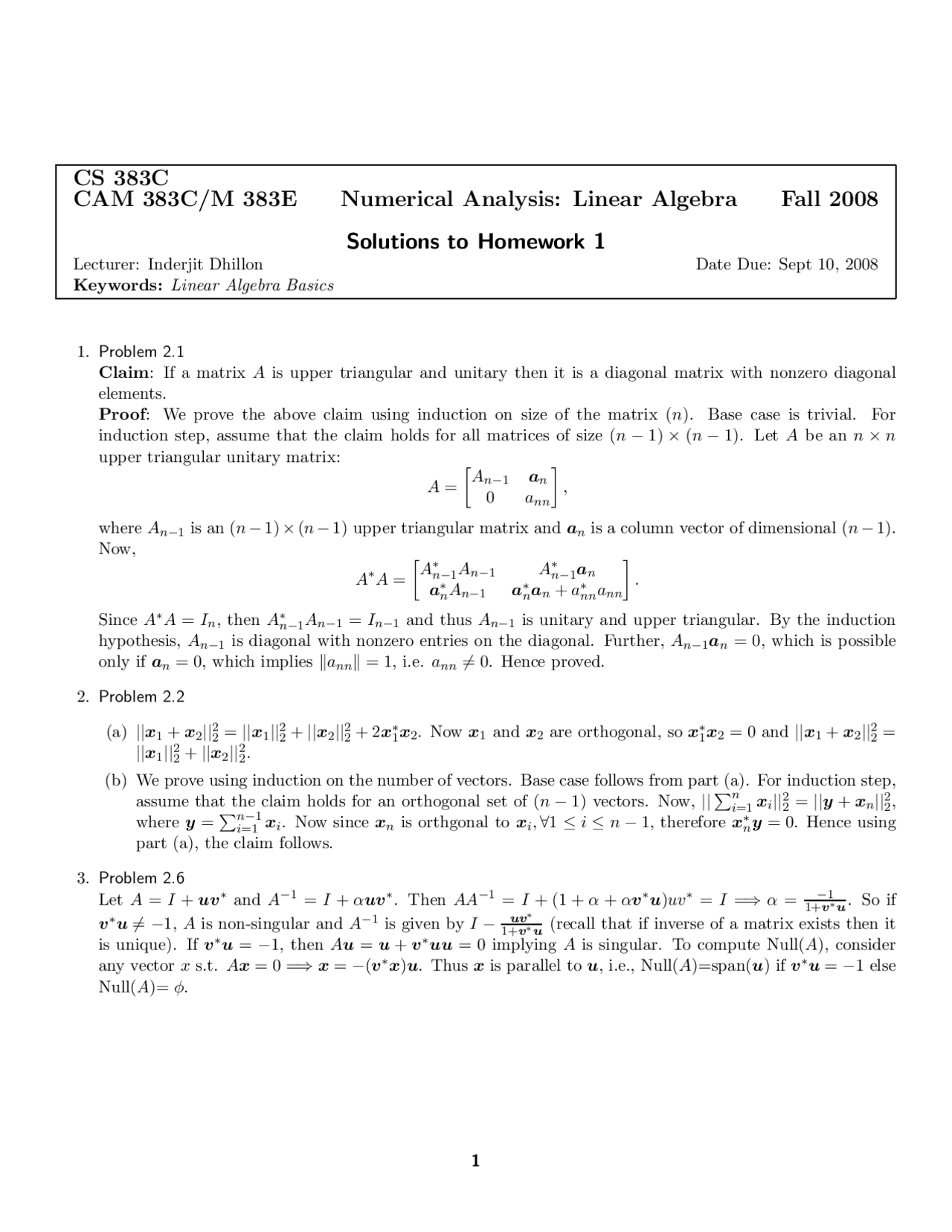 Numerical Analysis Linear Algebra Solutions To Homework I C S 383c