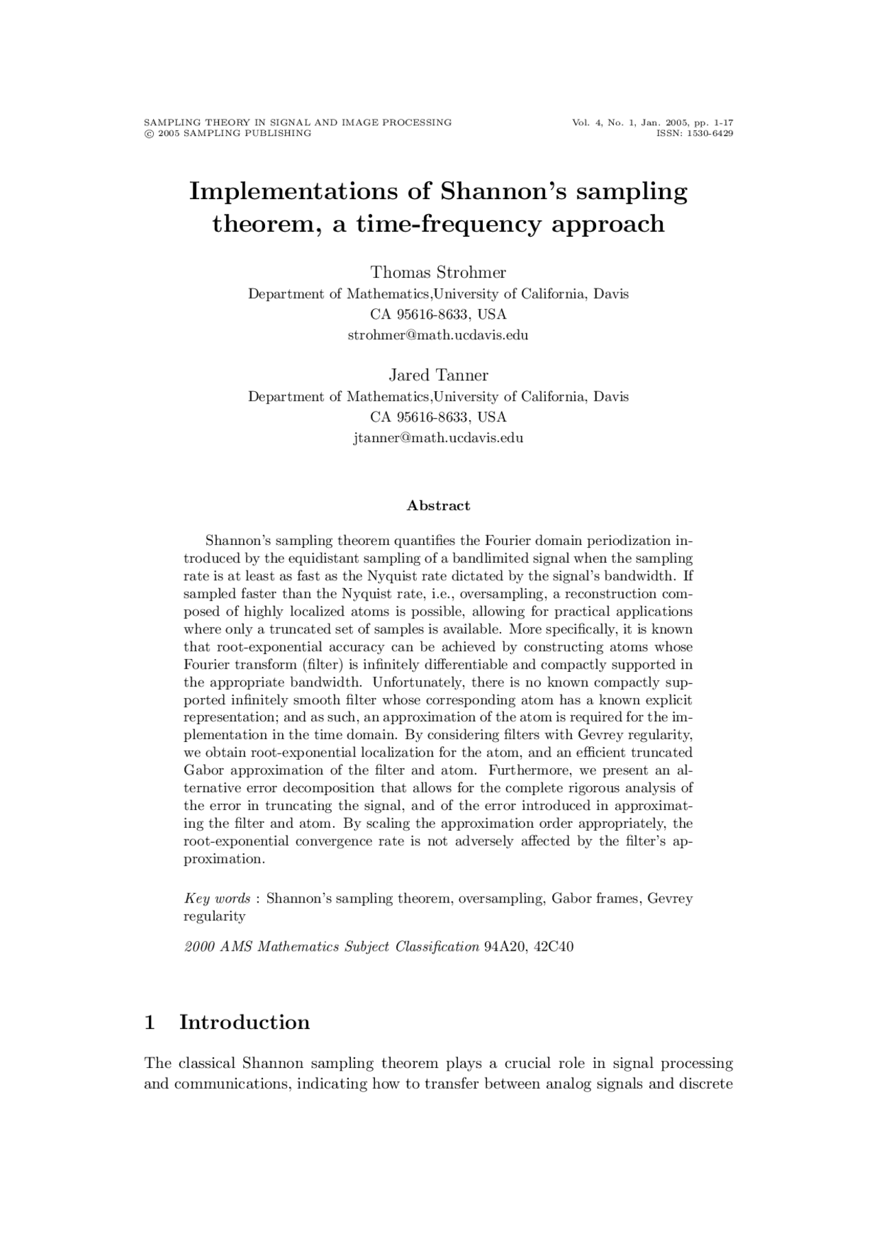 Implementations of Shannon's Sampling Theorem a Time-Frequency Approach ...