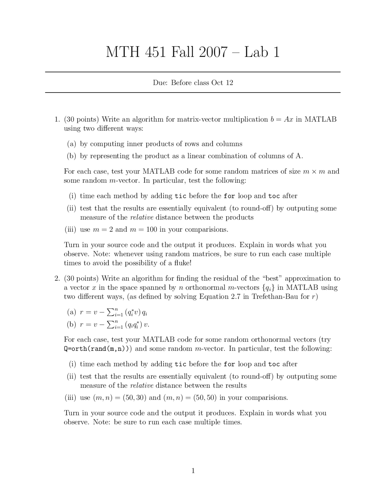 Questions For Lab I Numerical Linear Algebra Mth 451 Docsity