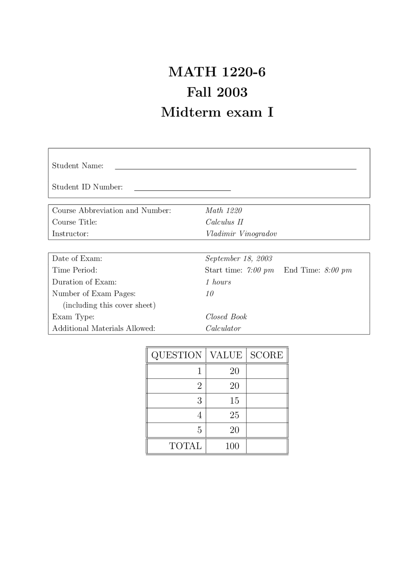 Midterm Exam 1 | Calculus II - Fall 2003 | MATH 1220 - Docsity