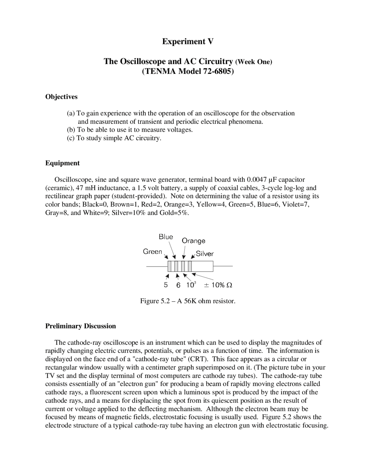 Experiment V The Oscilloscope And Ac Circuitry Phy 2054c Docsity