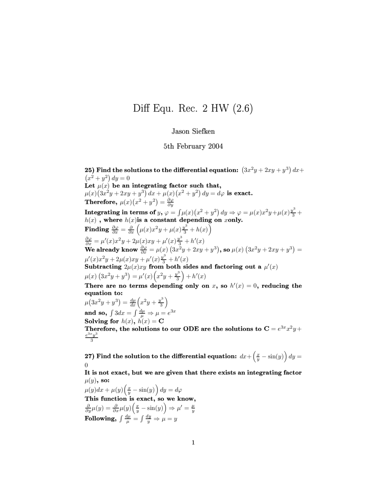 Homework 2 Applied Differential Equations Fall 2004 Mth 256 Docsity