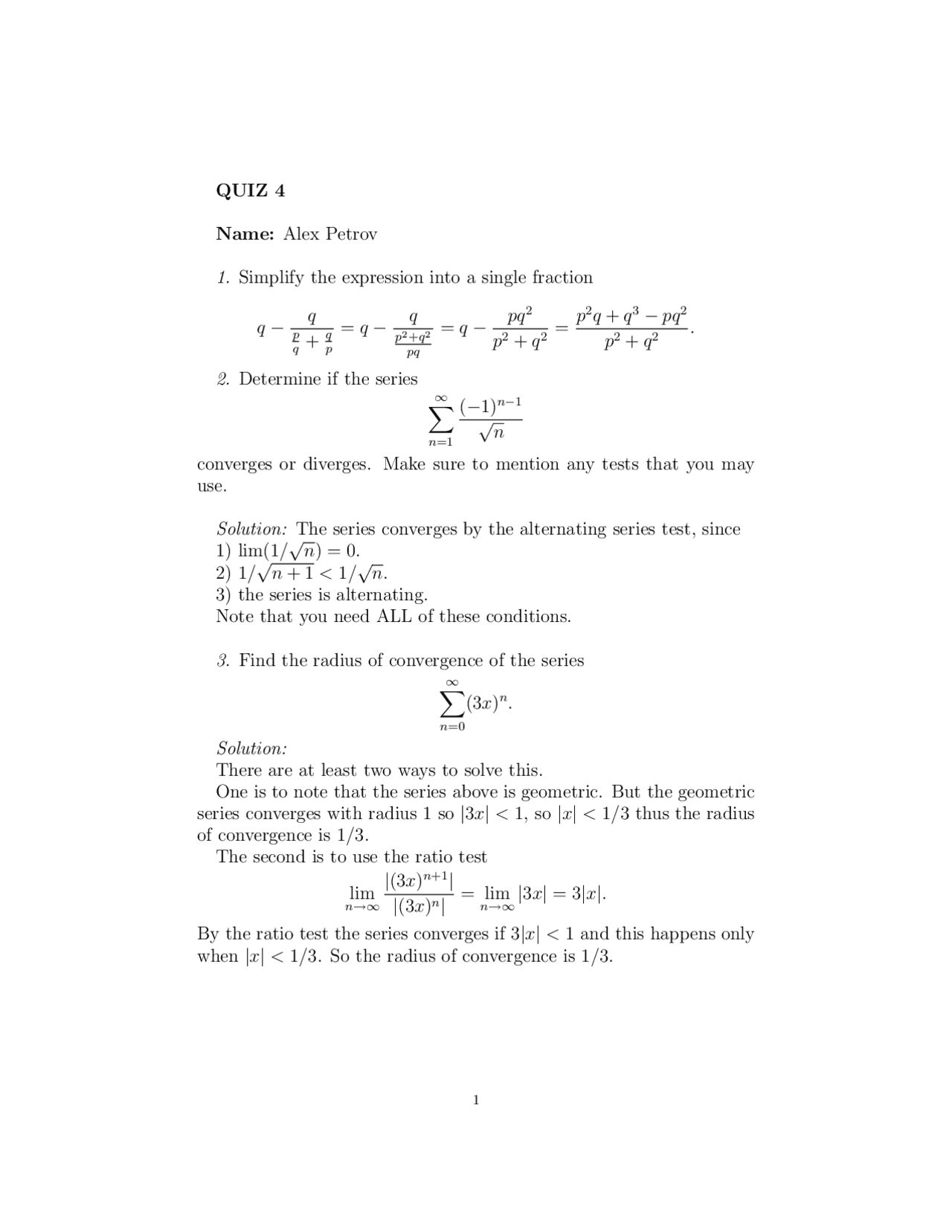Determine If The Series Quiz 4 With Solution Math 129 Docsity