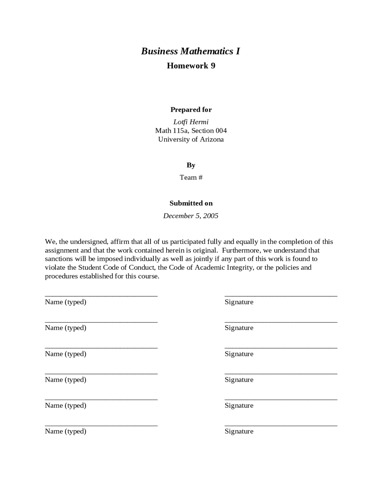 Assignment 10 Business Mathematics Math 115a Docsity