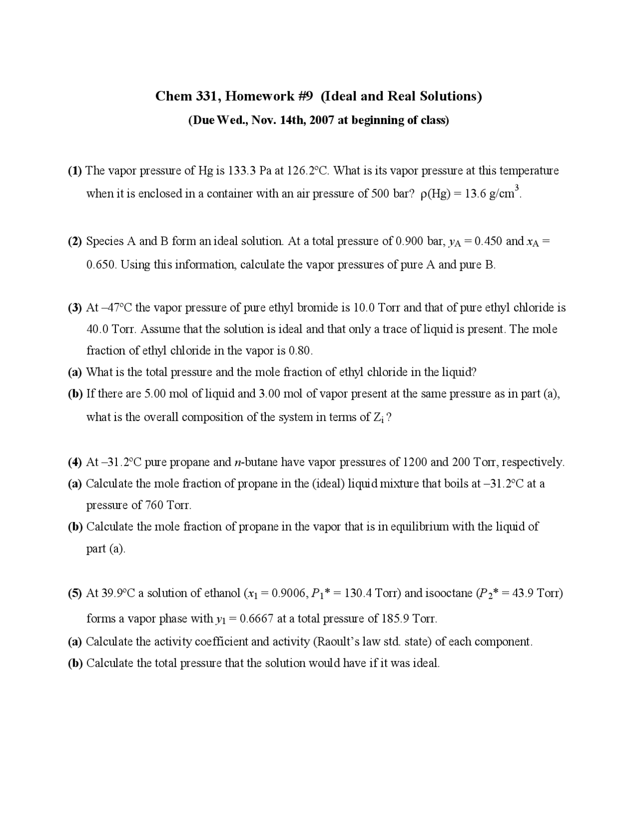 Homework 9 Ideal And Real Solutions Physical Chemistry Chem 331