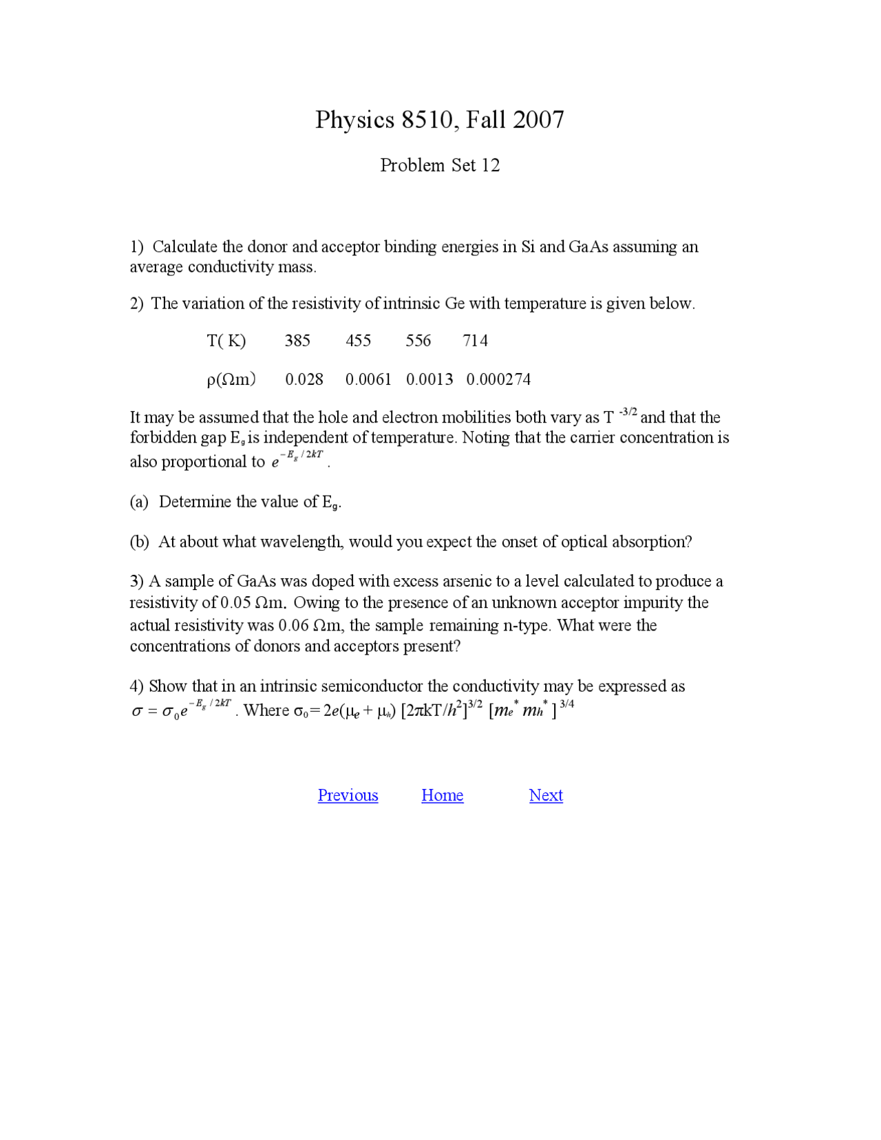 4 Questions on Solid State Physics - Problem Set 12 | PHYS 8510 - Docsity