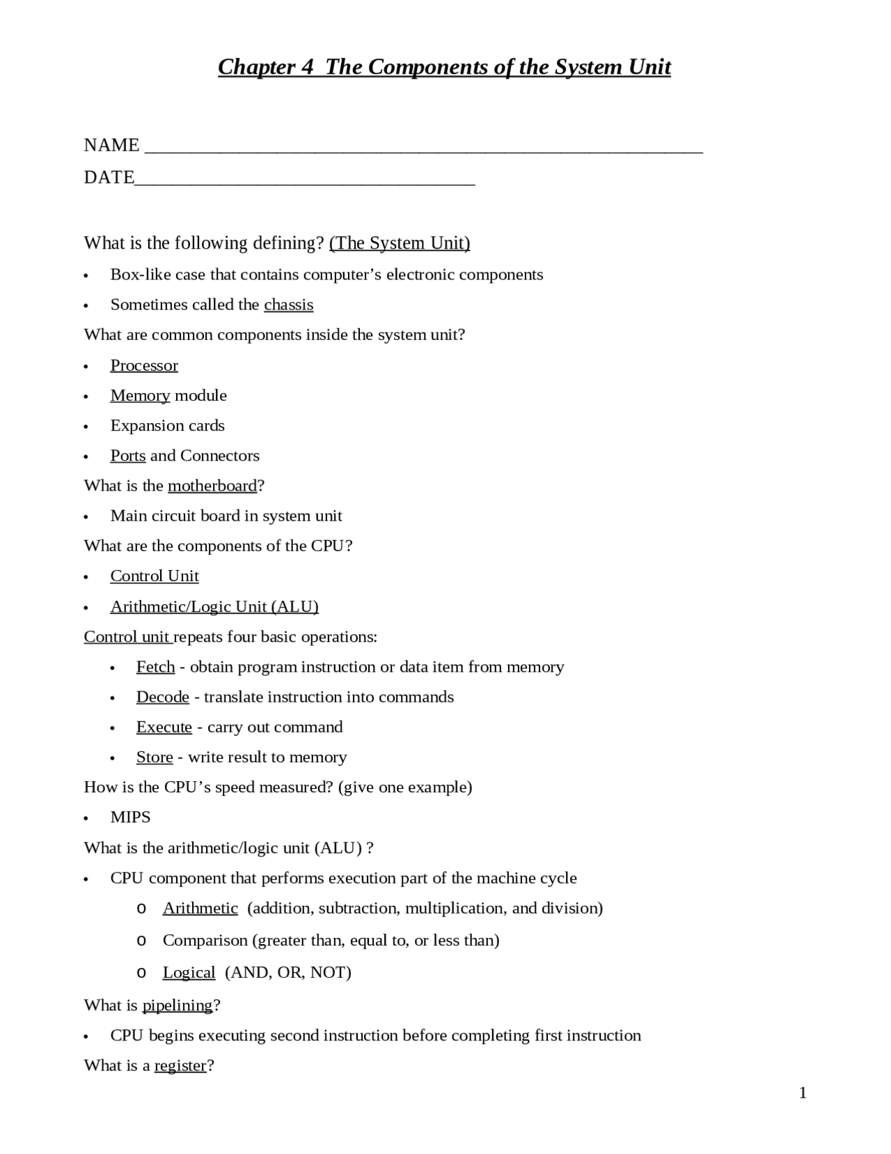 The Components Of The System Unit Assignment Csc 1010 Docsity