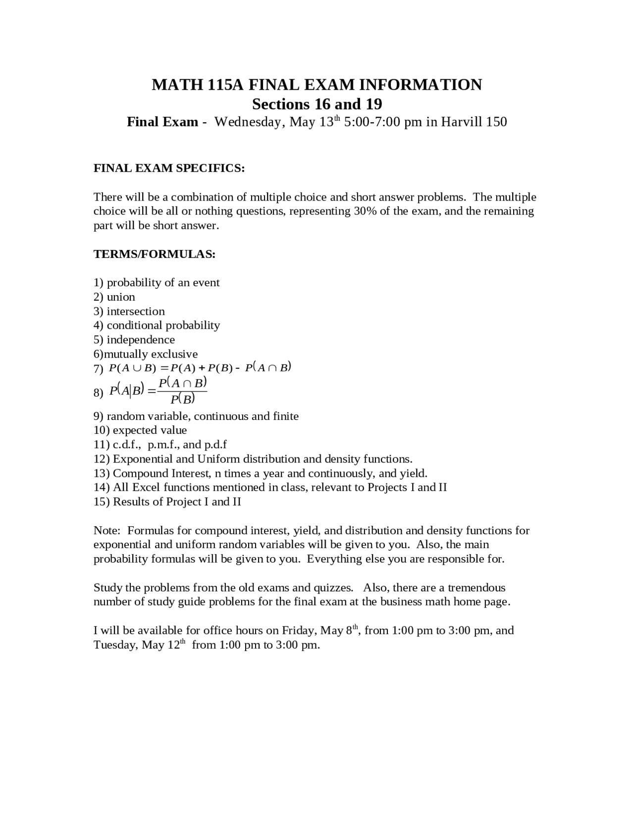 Final Exam Study Guide Outline for Business Mathematics I | MATH 115A ...