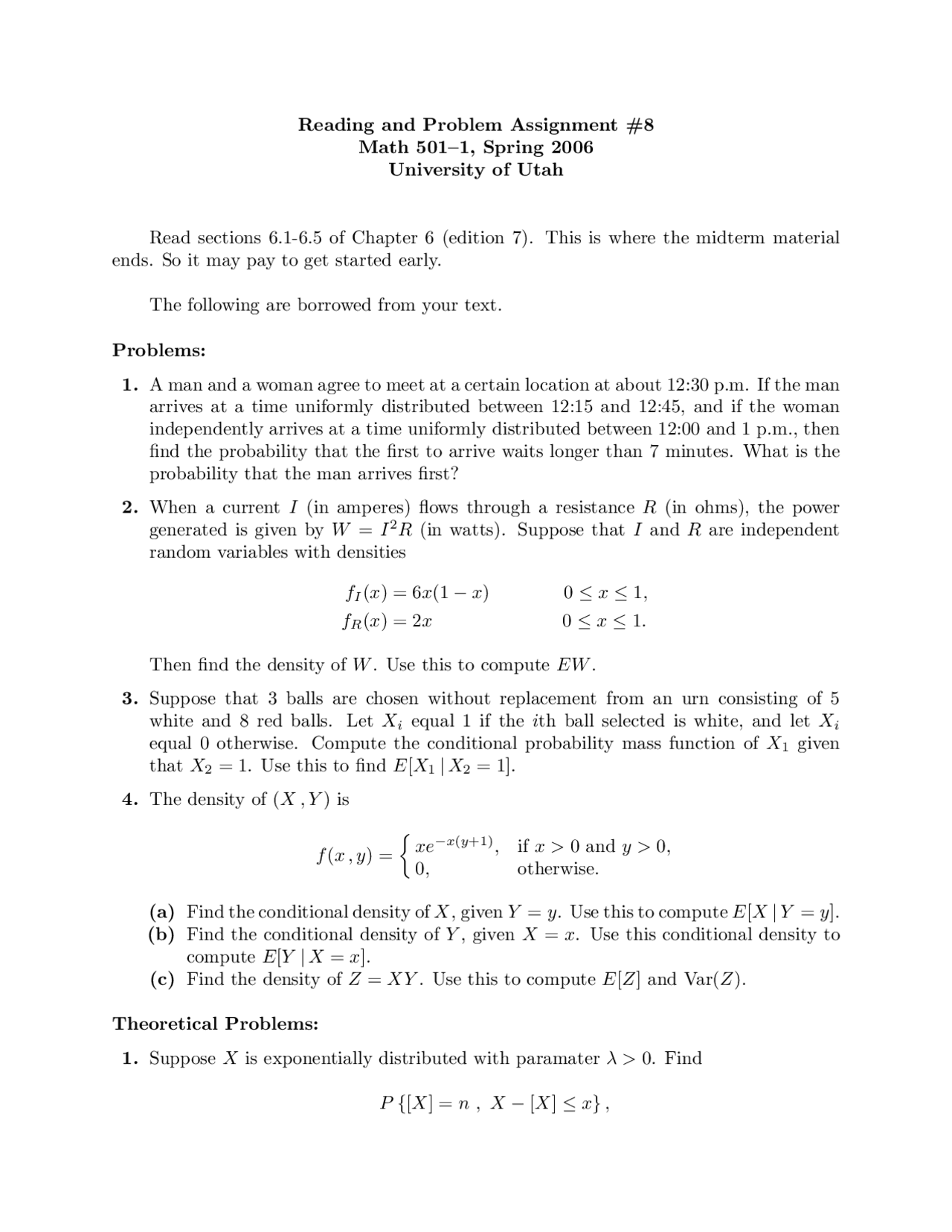 Homework 8 Problems - Introduction to Probability | MATH 501 - Docsity