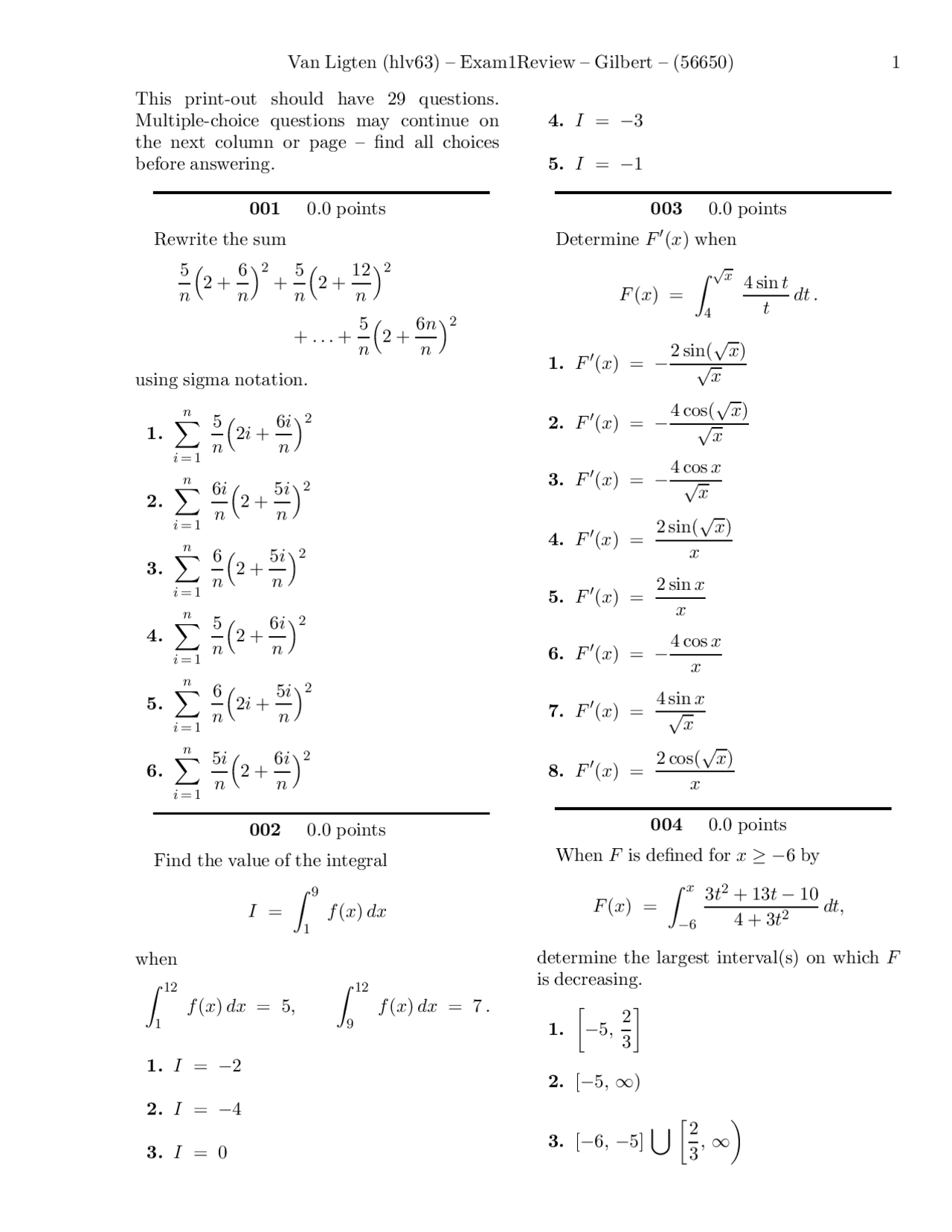 Exam 1 Review Sample Problems Integral Calculus M 408l Docsity