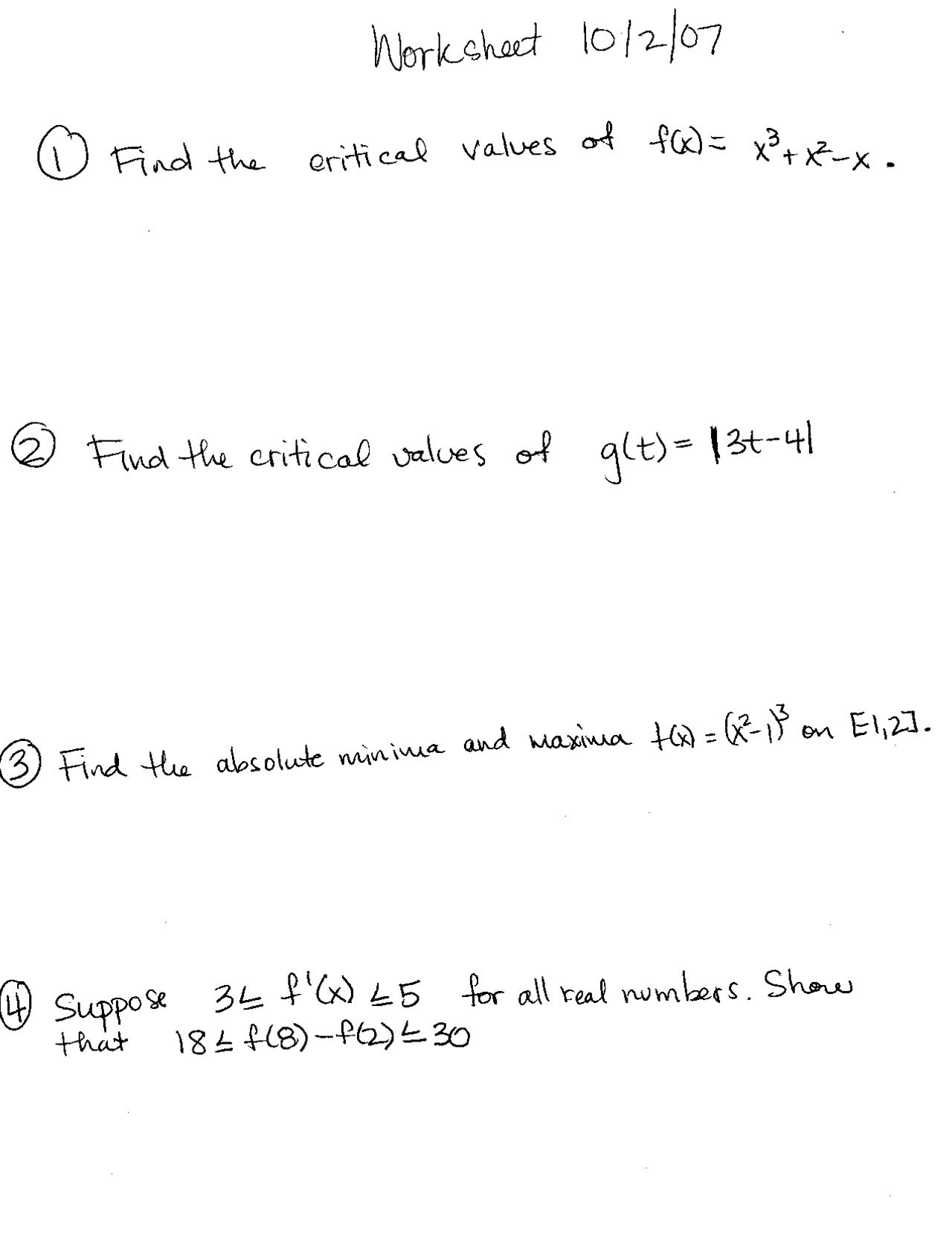 Find the Critical Value of Functions - Worksheet | M 408C - Docsity