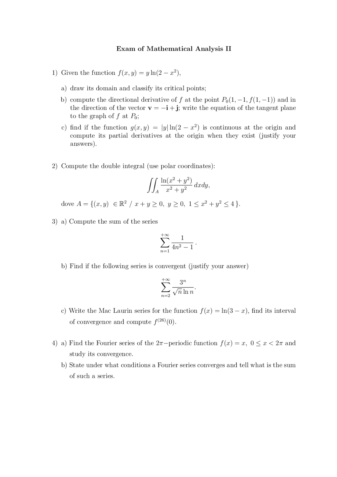 Analisi matematica 2 - Tema d'esame - Exam - Docsity