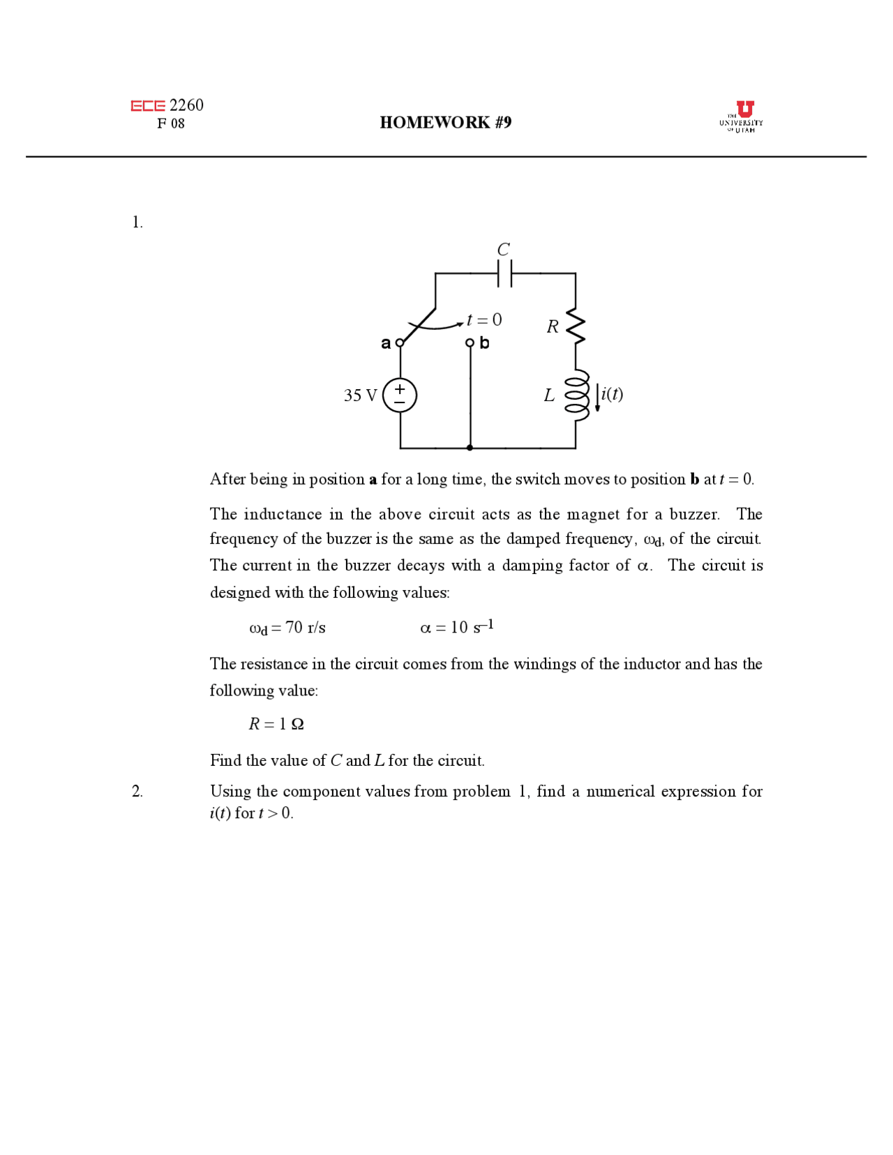 Homework 9 - Fundamentals of Electric Circuits | ECE 2260 - Docsity