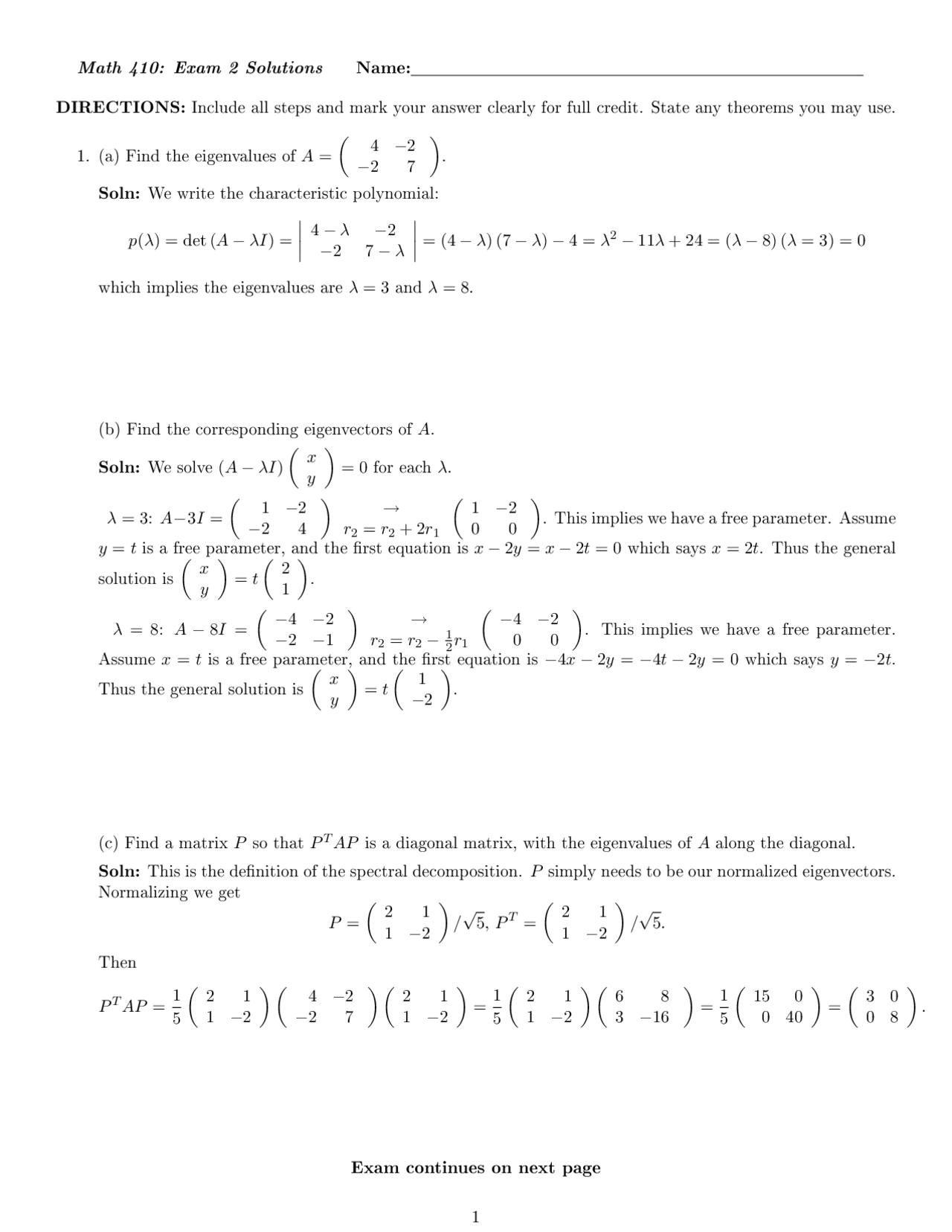 Matrix Analysis - Exam 2 Questions with Solutions | MATH 410 - Docsity