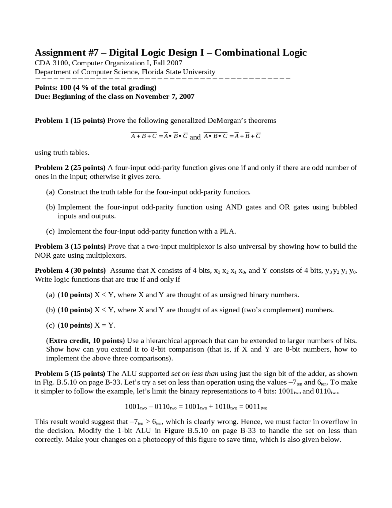 Digital Logic Design I Combinational Logic Assignment 7 Cda 3100