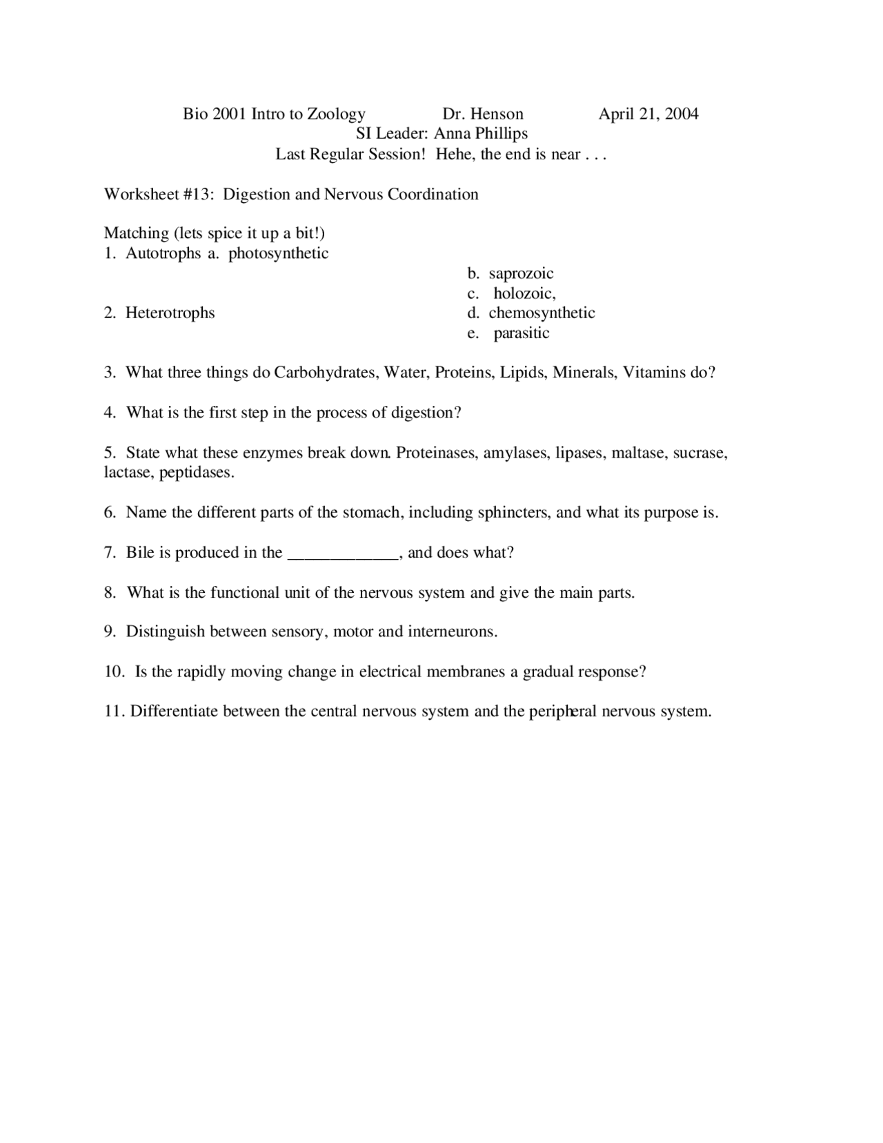 Worksheet 13: Digestion and Nervous Coordination | BIO 2001 ...