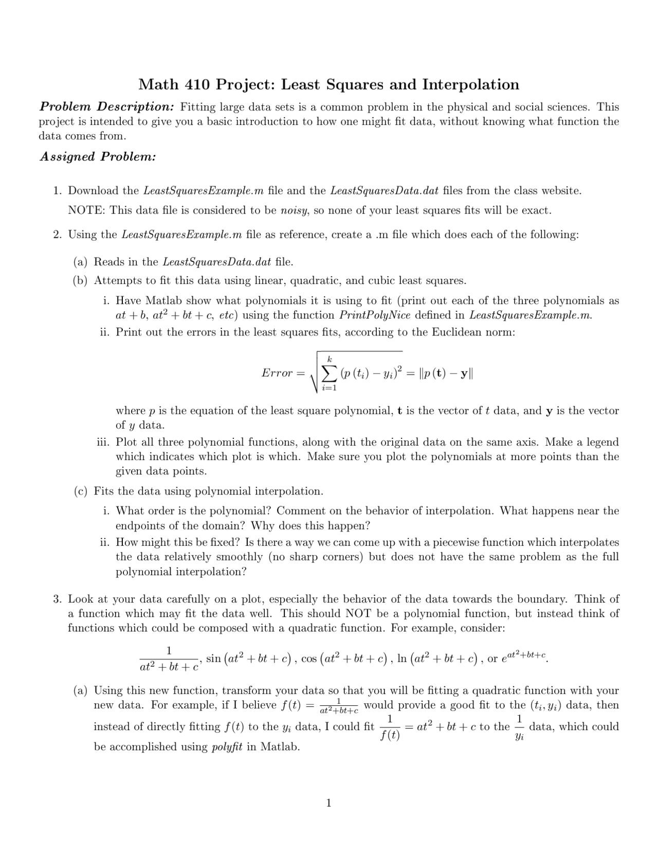 Project Least Squares And Interpolation Math 410 Docsity