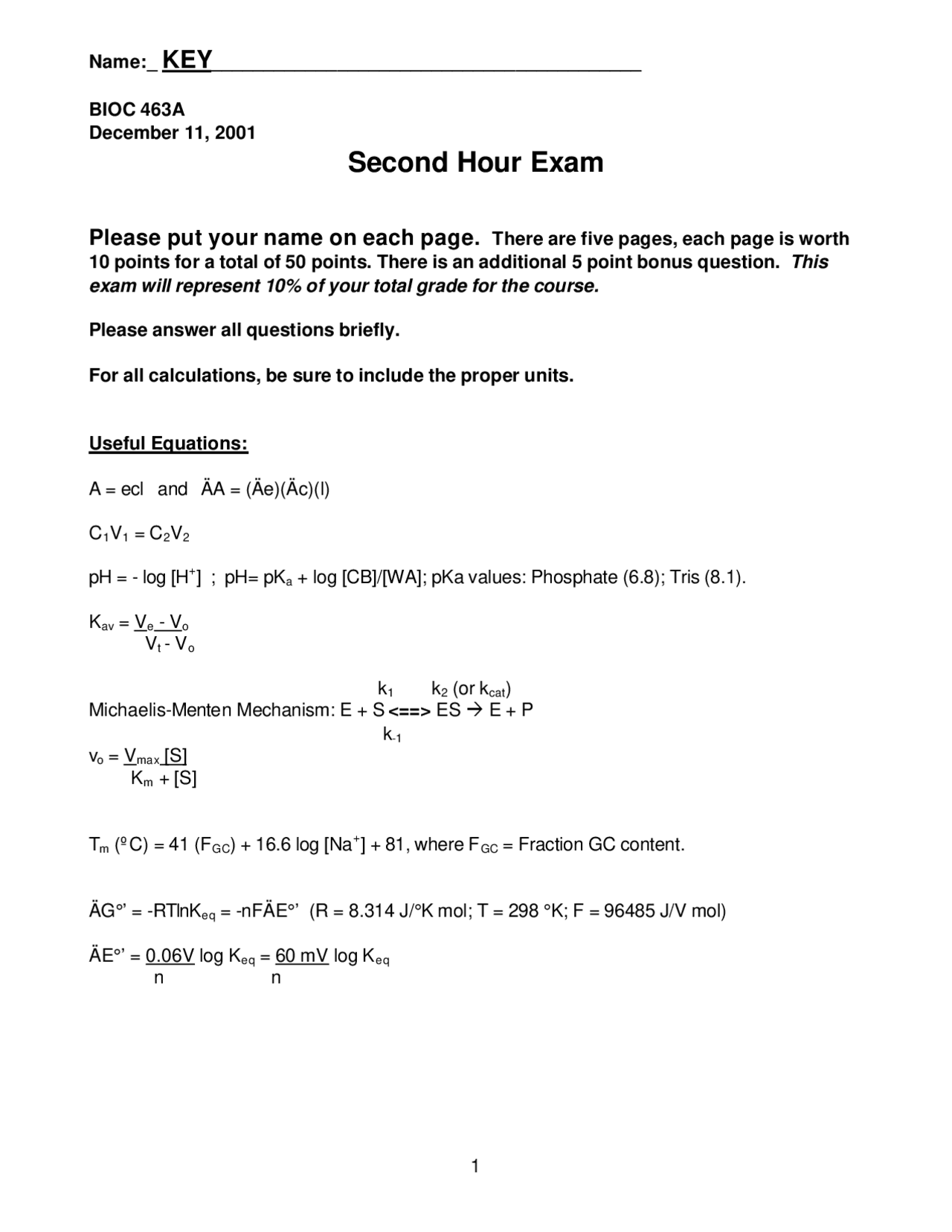 Exam 2 With Answer Key For Biochemical Laboratory Techniques Bioc