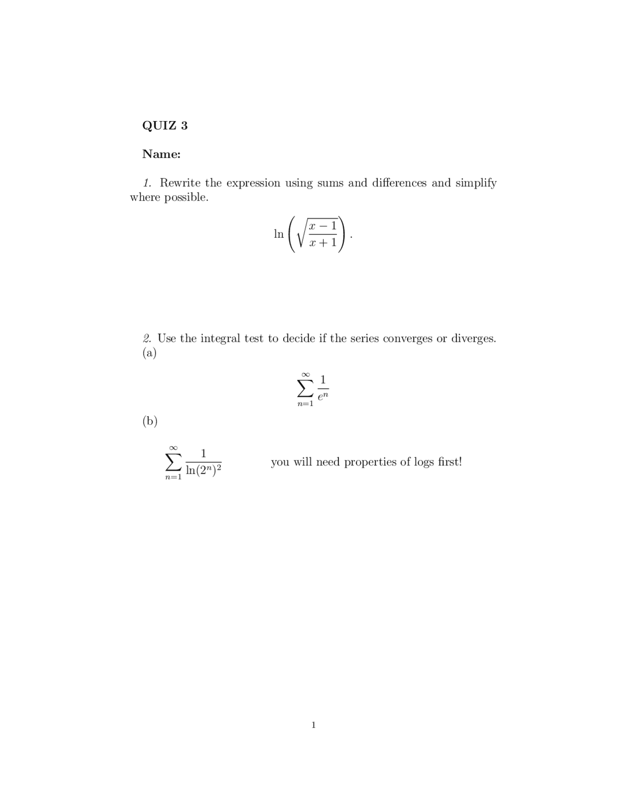Use The Integral Test Quiz 3 Problems Math 129 Docsity