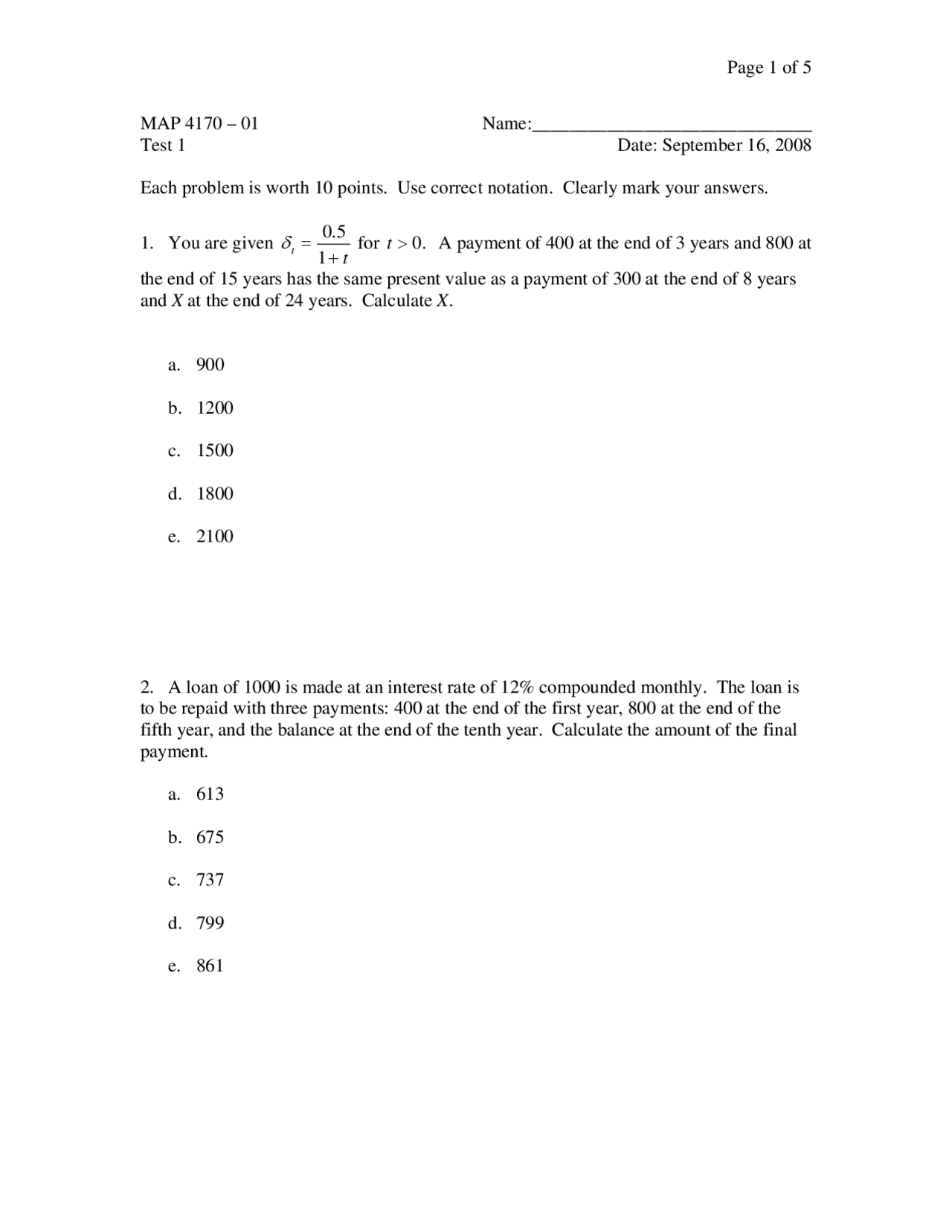 10 Questions For Test 1 Introduction To Actuarial Mathematics Map