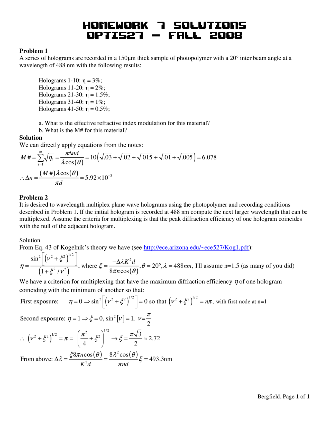 Resolution For Homework 7 Holography And Diffractive Optics Ece 527