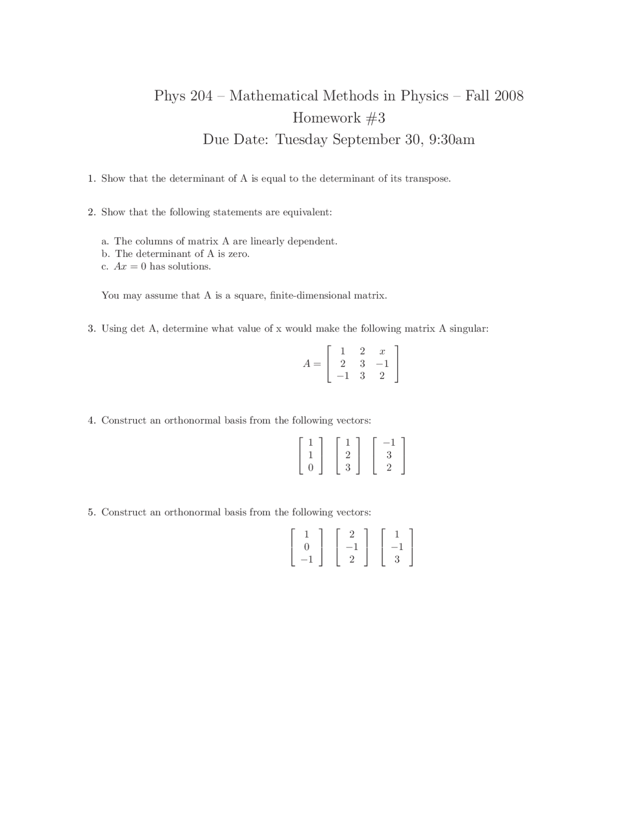 Mathematical Techniques in Physics - Homework III | PHYS 204 | Assignments Physics | Docsity