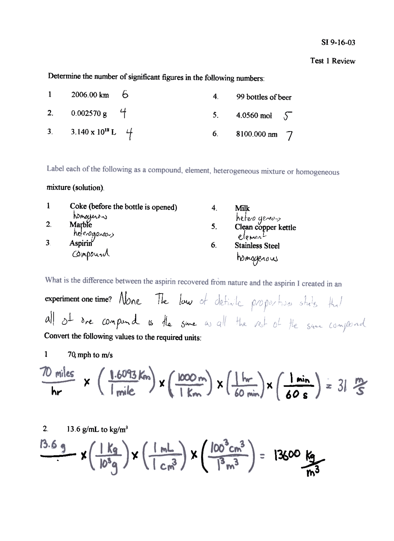 Exam 1 Review Sheet Introduction To Chemistry I Che 1101 Docsity