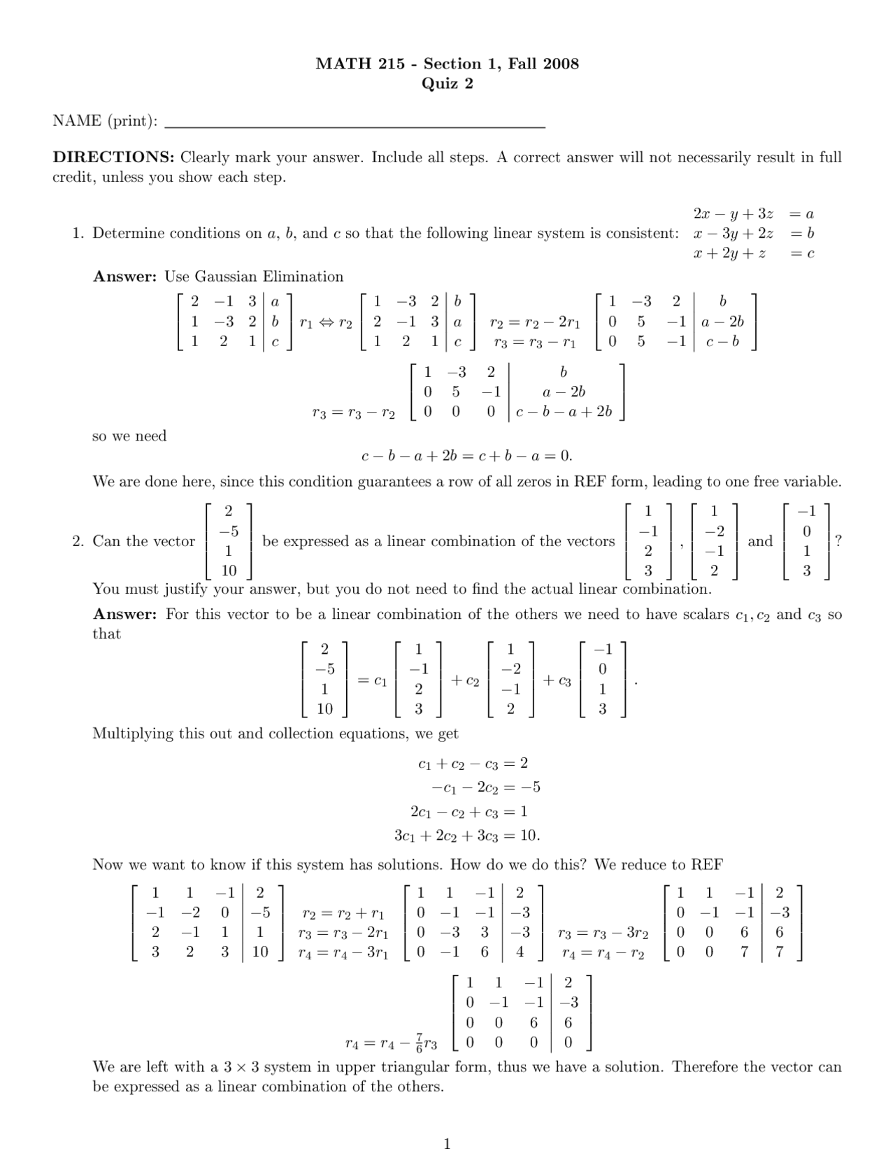 Quiz 2 With Answers Introduction To Linear Algebra Math 215 Docsity