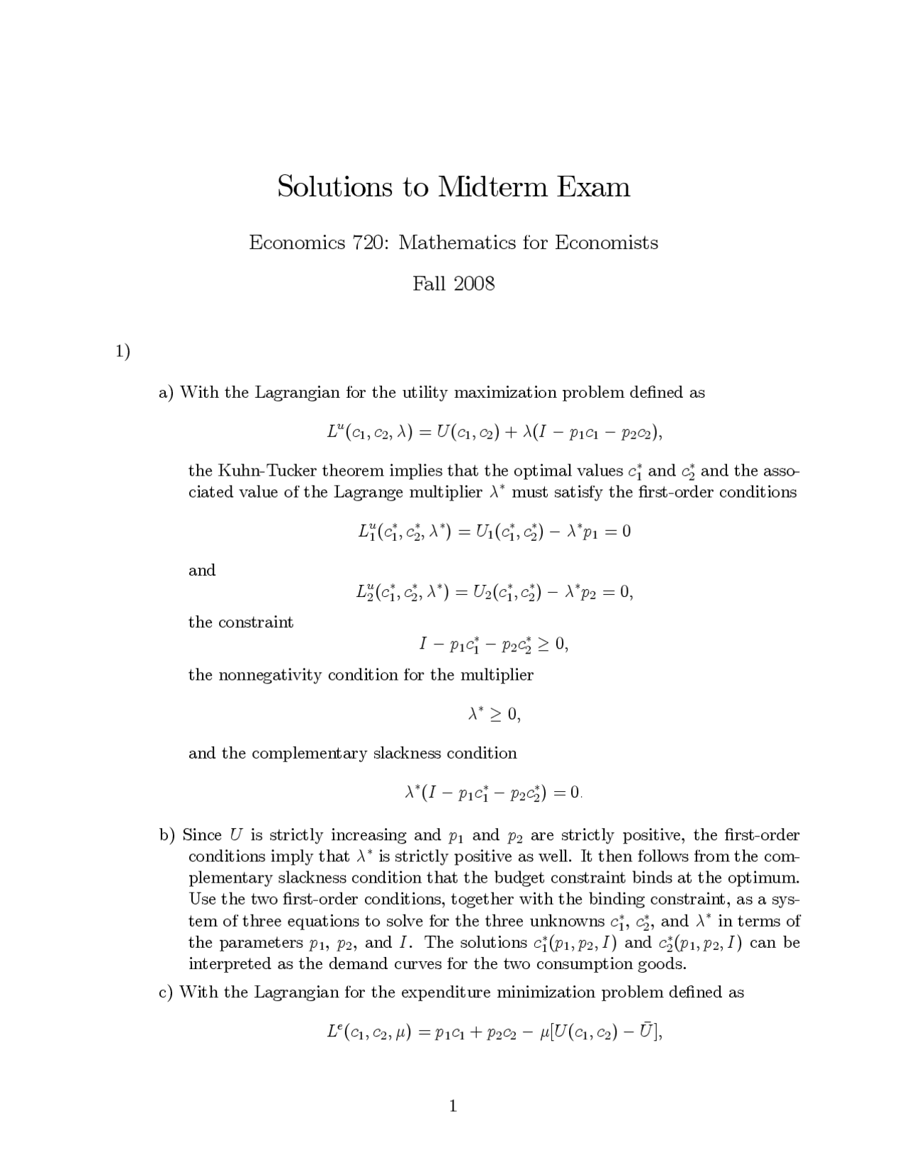 Solutions To Midterm For Mathematics For Economists Ec 720 Exams