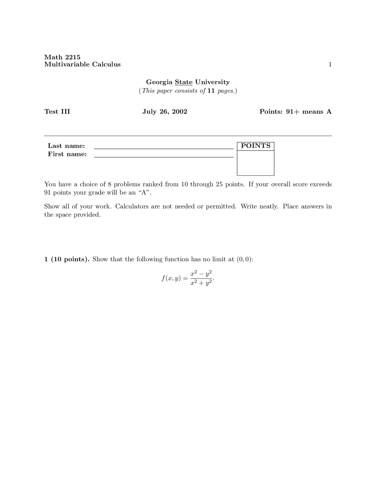Multivariable Calculus Old Exam 2002 Math 2215 Docsity