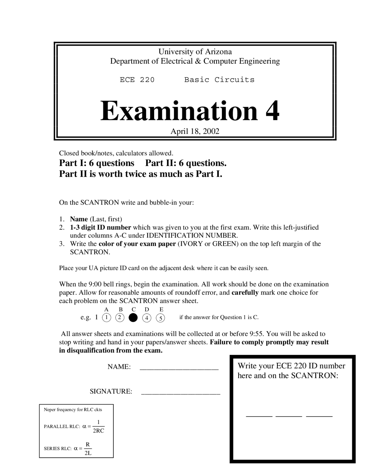 Basic Circuit Solved Multiple Choice Questions Exam 4 Fall 2002