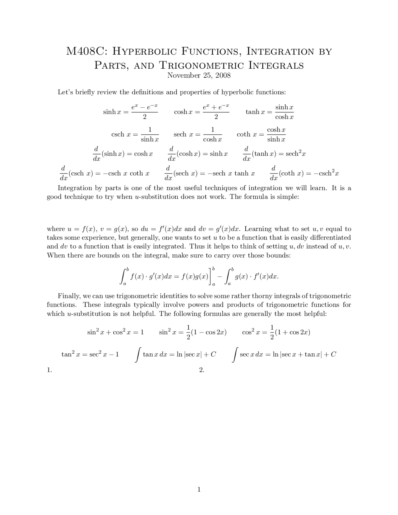 Trigonometric Integrals and Hyperbolic Functions | M 408C - Docsity