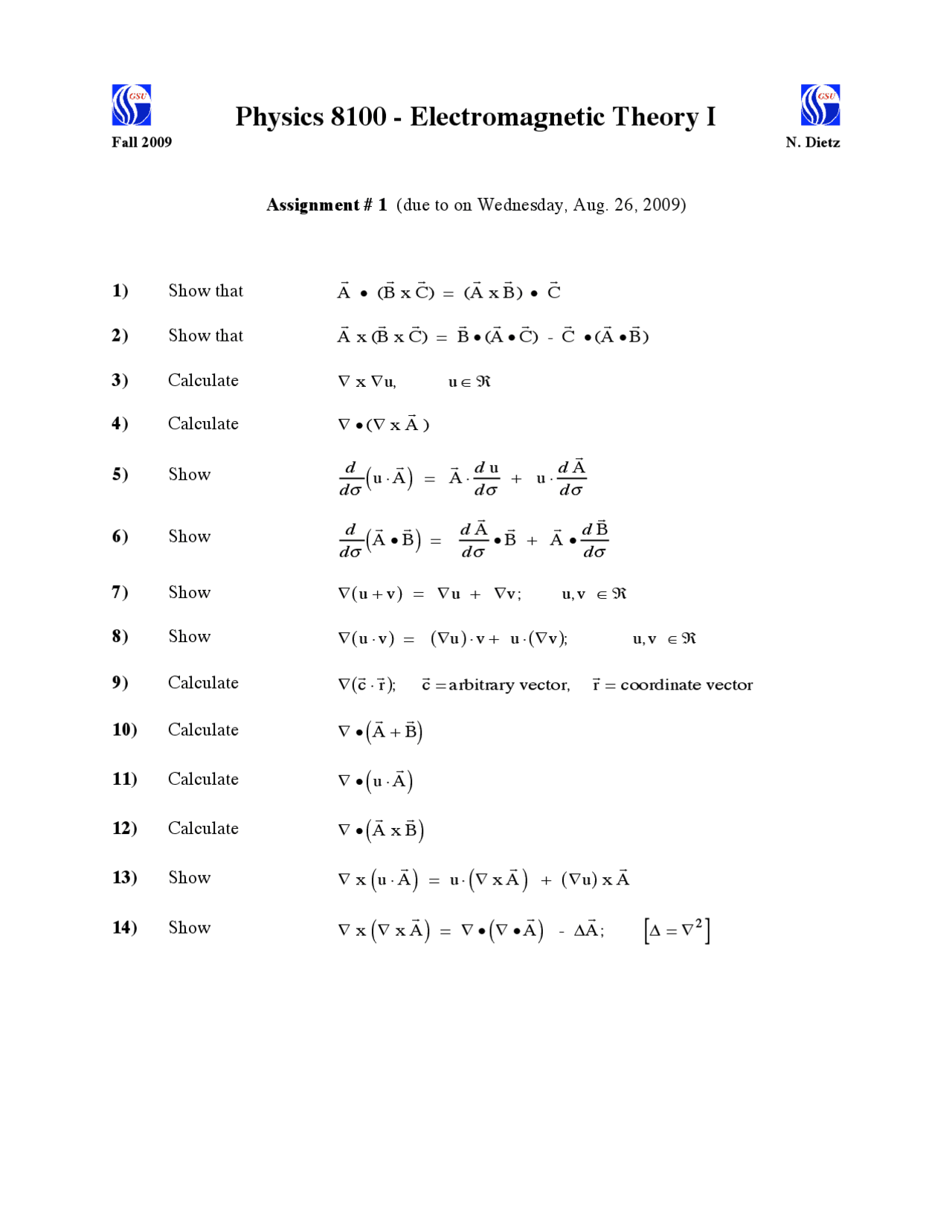 14 Questions On Electromagnetic Theory I Assignment 1 Phys 8100