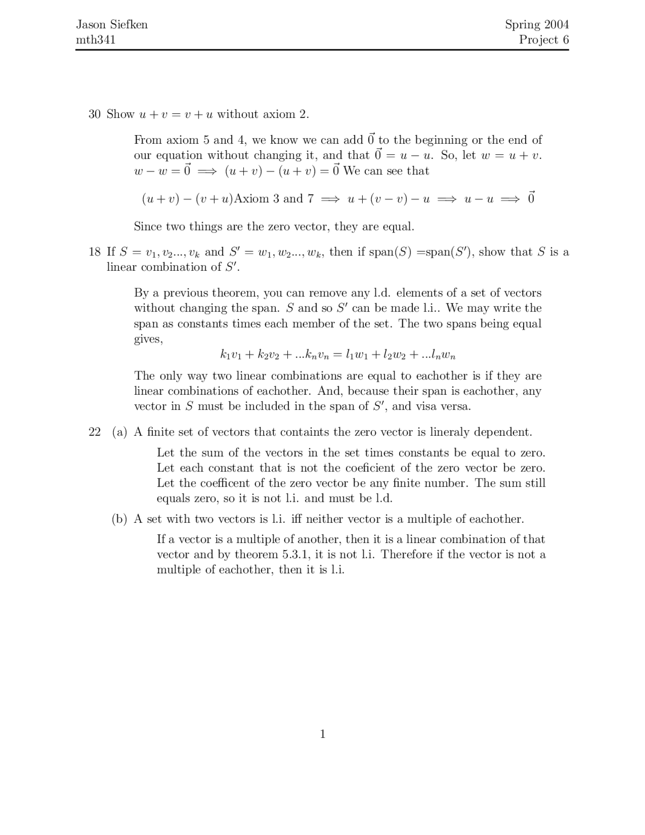 Linear Algebra I Project Six Questions Mth 341 Docsity
